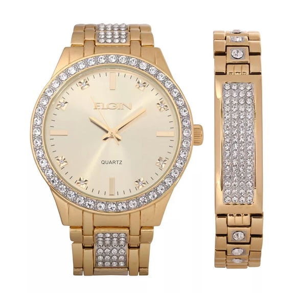 Elgin Men's Jewelry: Gold Two-Tone Analog Wristwatch & Bracelet Set ...