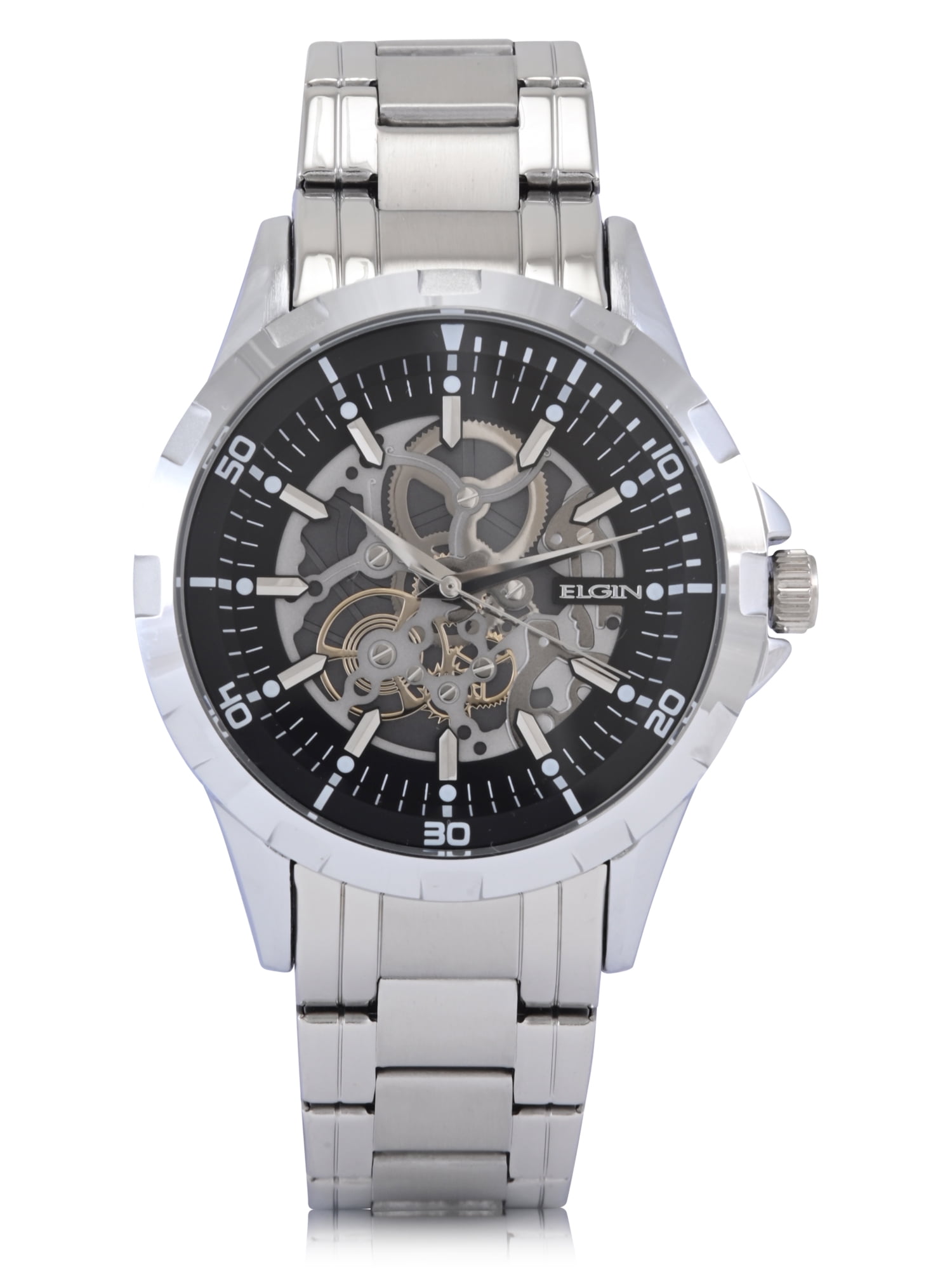 Elgin Adult Men's Silver Round Case Watch with Faux Skeleton Dial ...