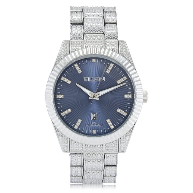 Elgin Adult Men's Silver and Crsytal Round Case Watch with Blue Dial ...