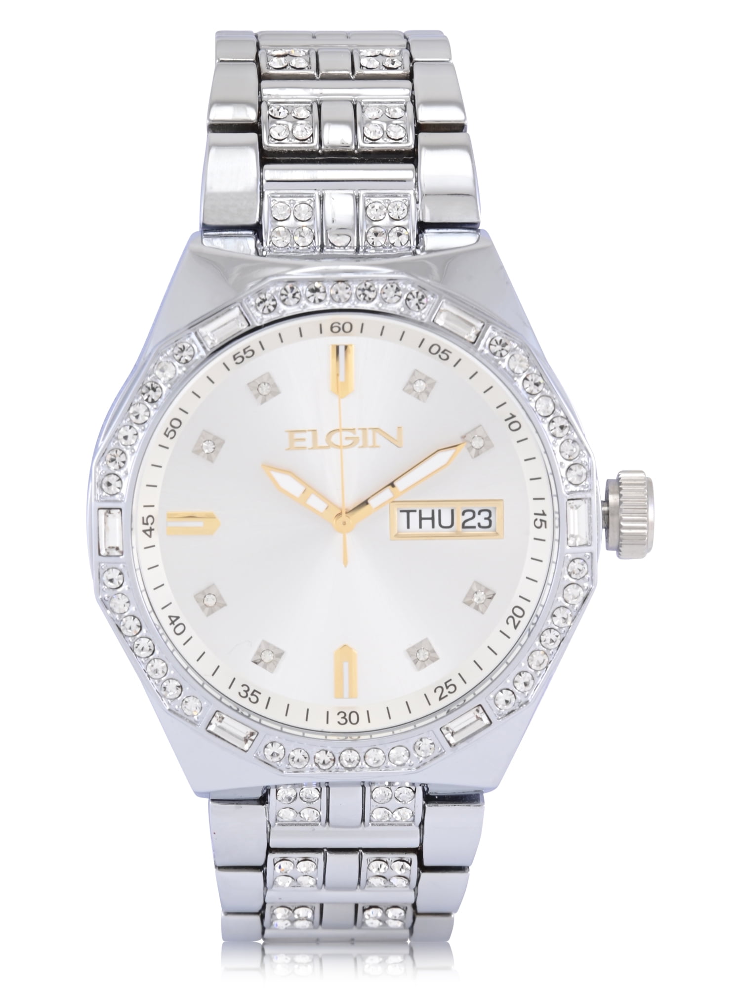 Elgin Adult Men's Silver and Crsytal Round Case Watch with Date Feature ...