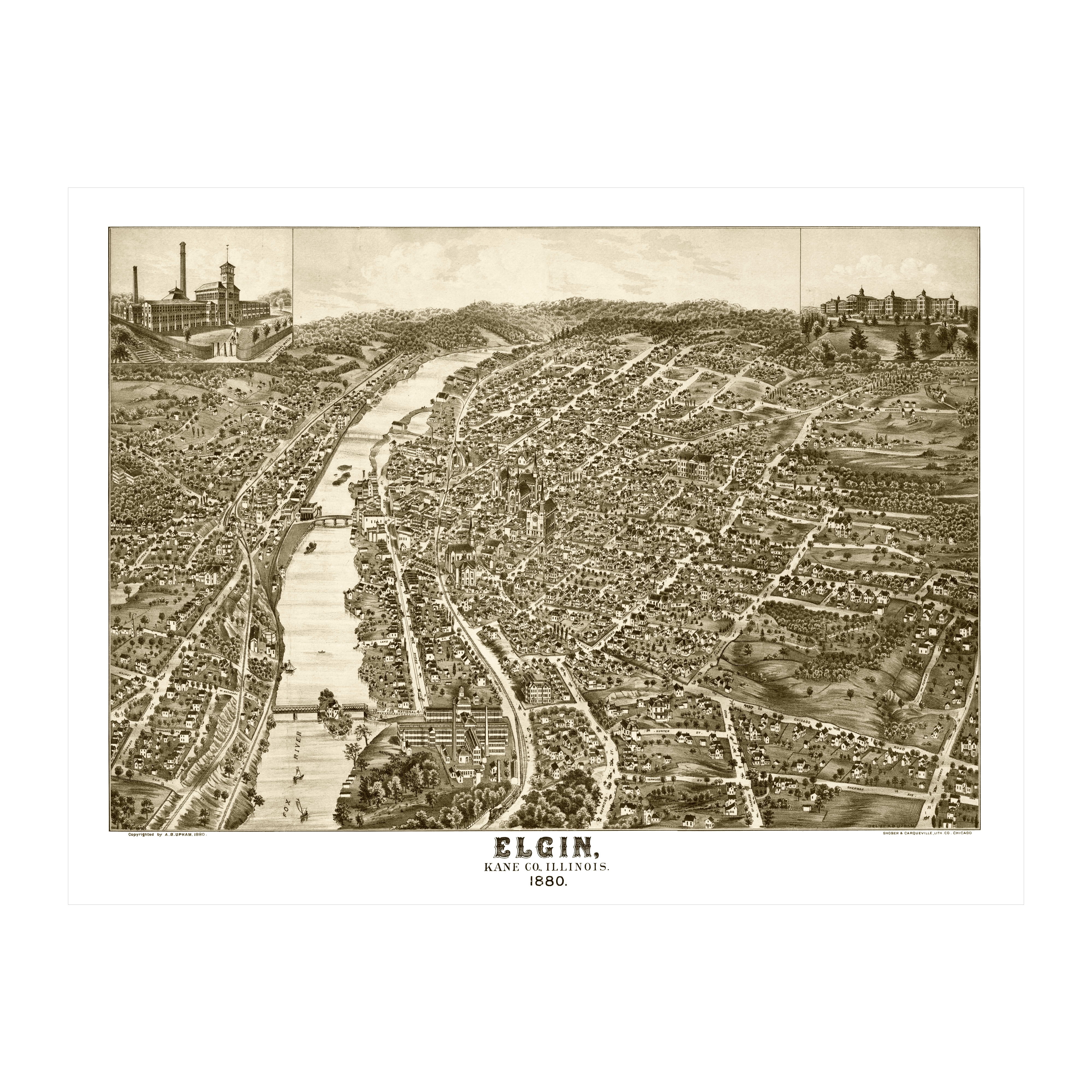 Elgin Art, 1880 Vintage Map of Elgin Illinois, IL History Wall Decor ...