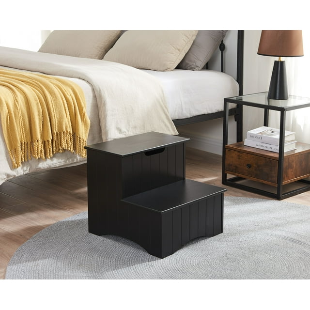 Elgin Contemporary Wooden Bedroom Step Stool with Storage, Black ...