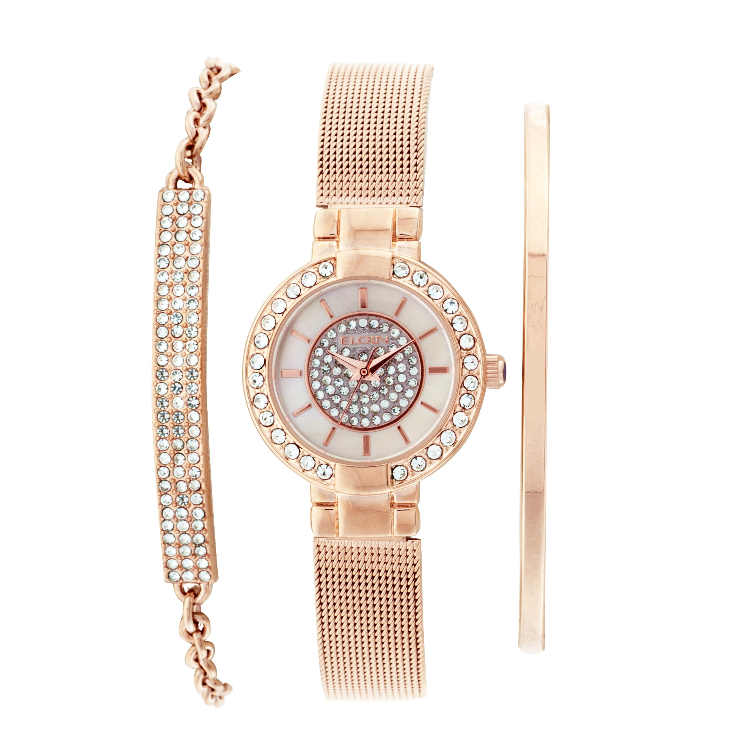 Elgin Ladies Round Dial Rose Gold Watch Set with 2 Matching Bracelets ...