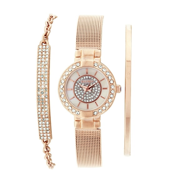 Elgin Ladies Round Dial Rose Gold Watch Set with 2 Matching Bracelets ...
