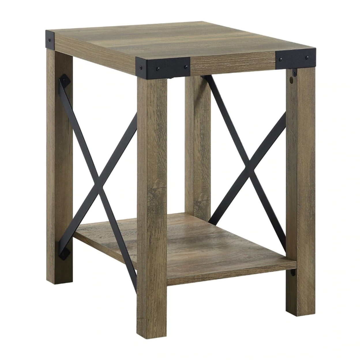 Eli 22 Inch Wood End Table Metal Brackets Cross Bars Rustic Oak Brown ...