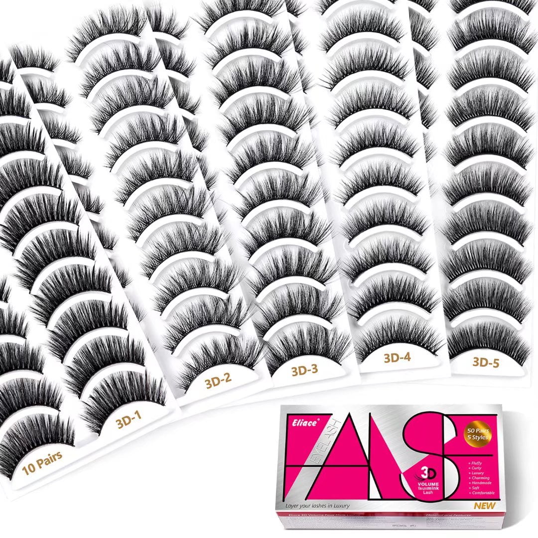 Eliace False Eyelashes Cat-Eye 50 Pairs 5 Styles Faux Mink Lashes Wispy ...