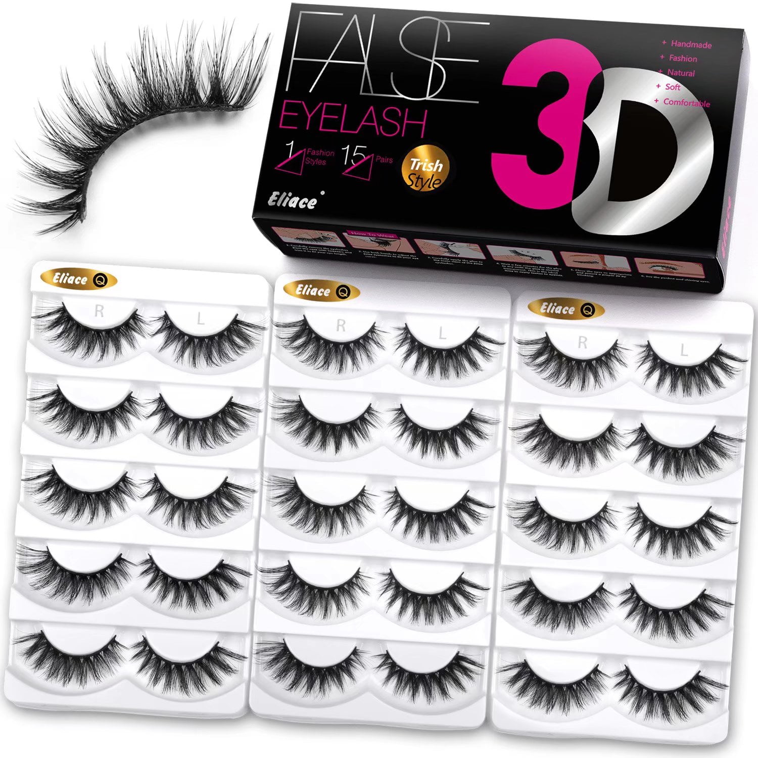 Eliace 15 Pairs False Eyelashes, Natural Faux Mink Cat Eyes Wispy ...