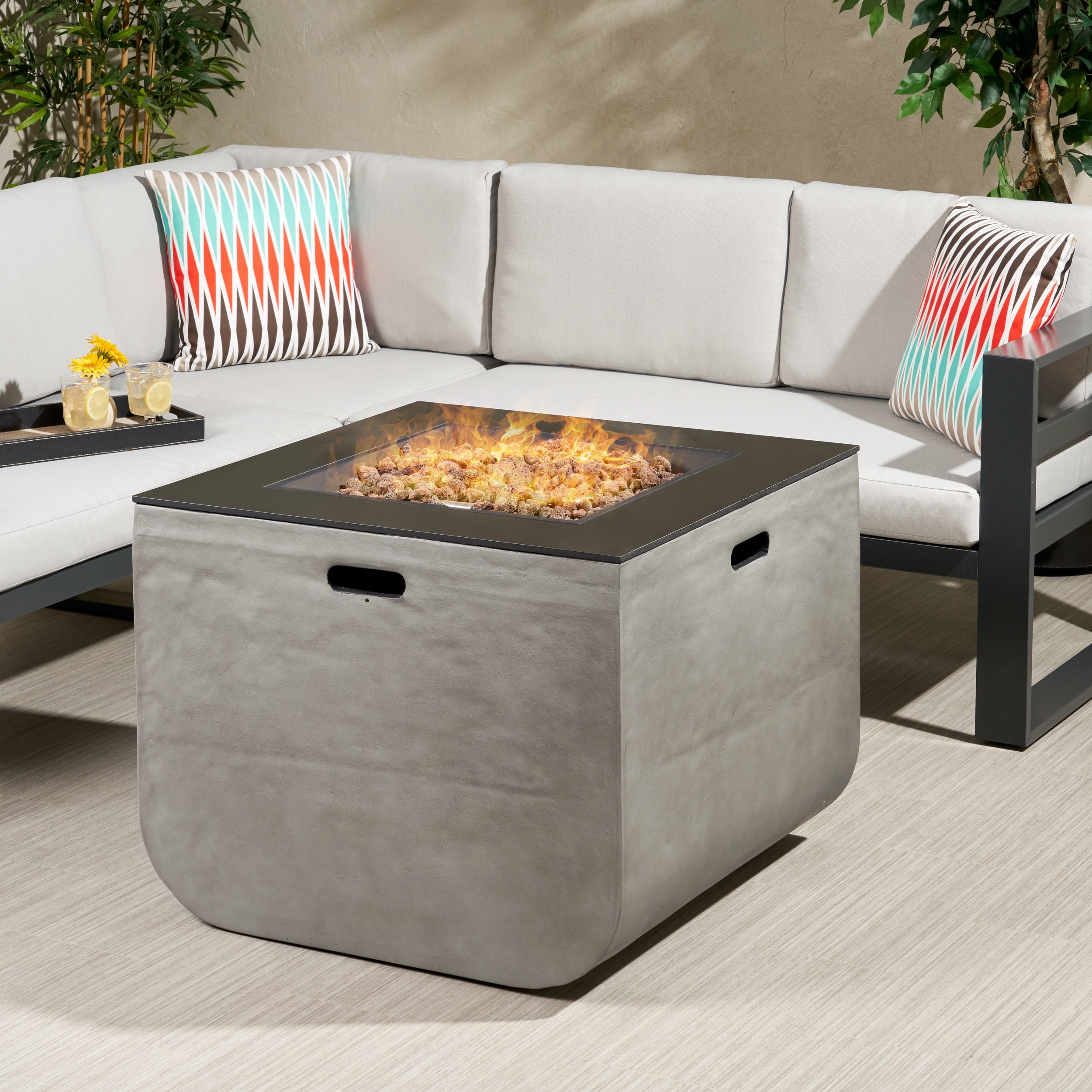 Elian Outdoor Modern 30-Inch Square Fire Pit, Light Gray, Gloss Black ...