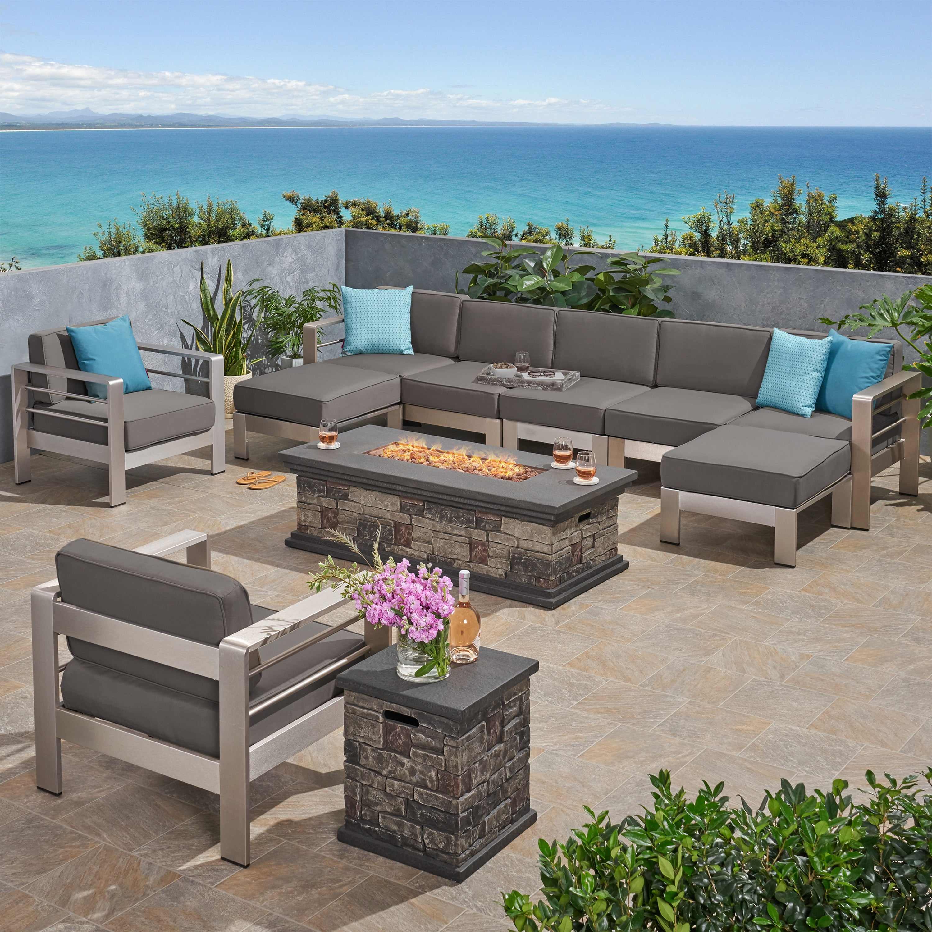 Eliezer Outdoor 7 Seater Extended Aluminum Chat Set with Fire Pit, Gray ...