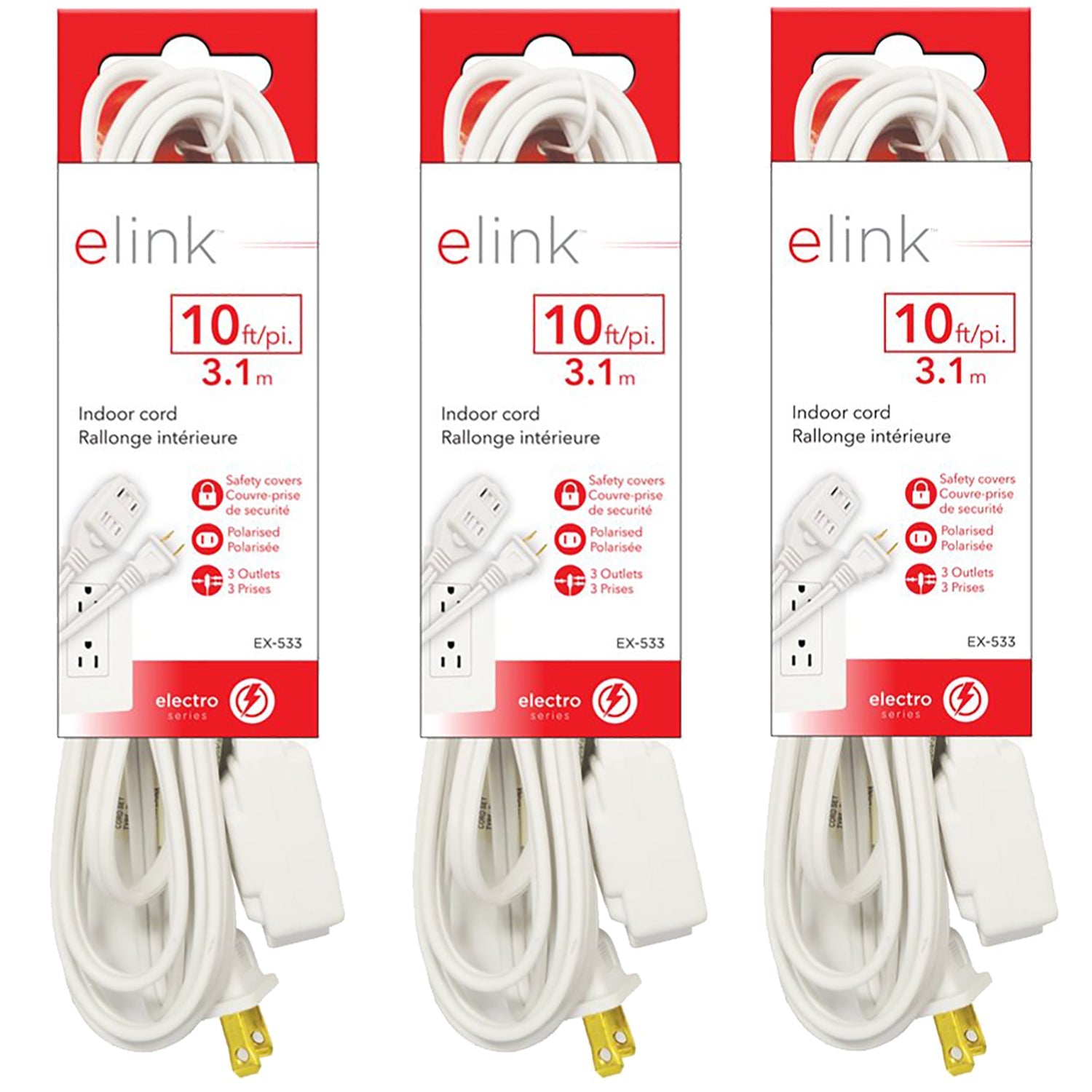 Elink - Set of 3 3-Outlet Indoor Electrical Extension Cords, 10 Feet ...