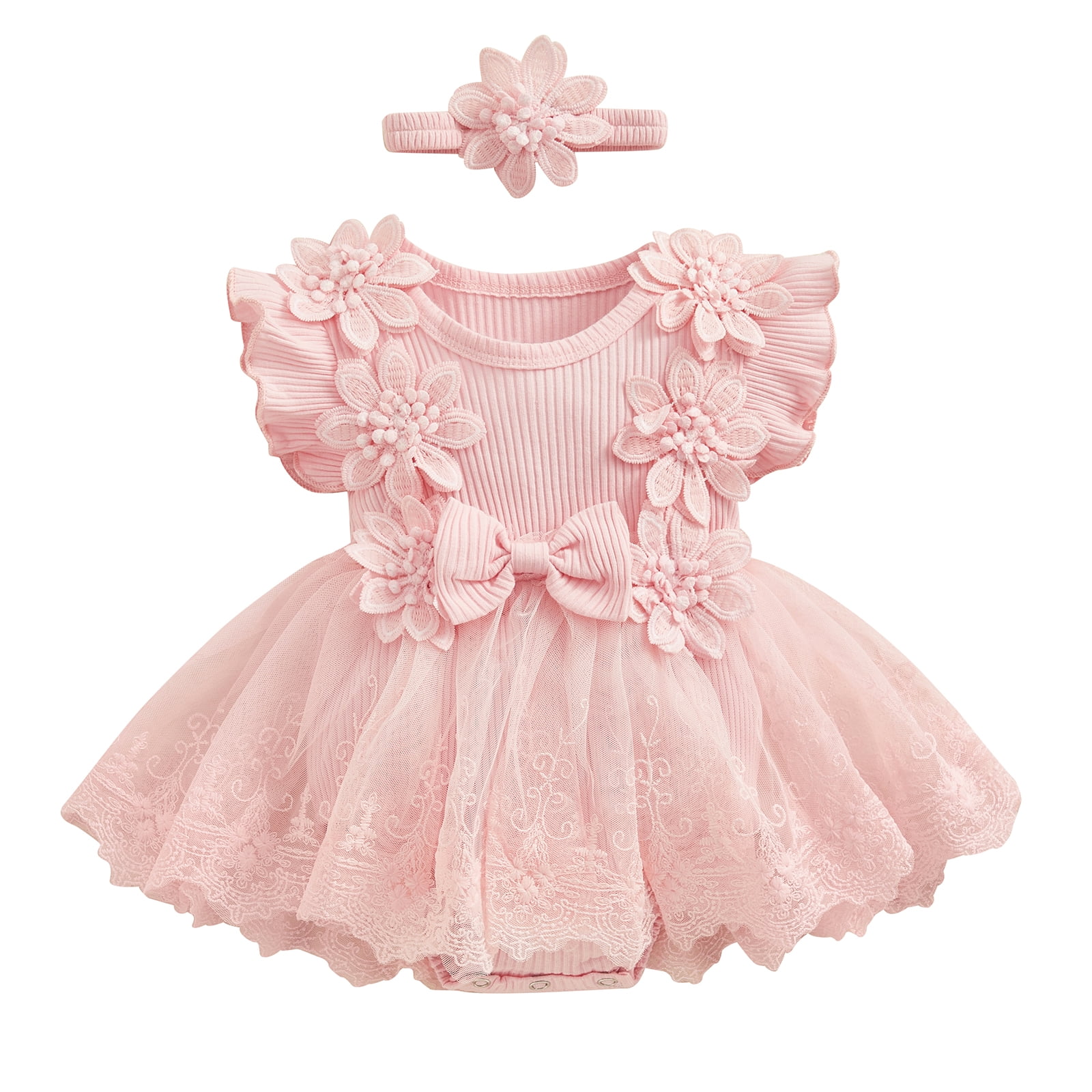 Elippeo Baby Girl 2 Piece Outfits 3M 6M 12M 18M Mesh Lace Patchwork Ruffle Romper Dress and ...