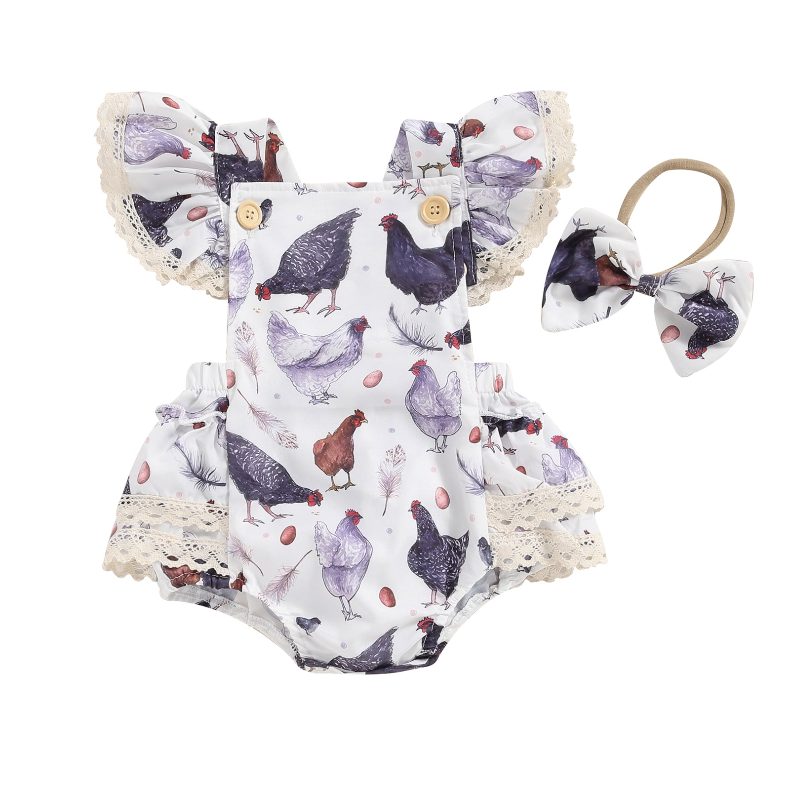 Elippeo Baby Girl 2 Piece Summer Set, Rooster Print Lace Trim Square ...