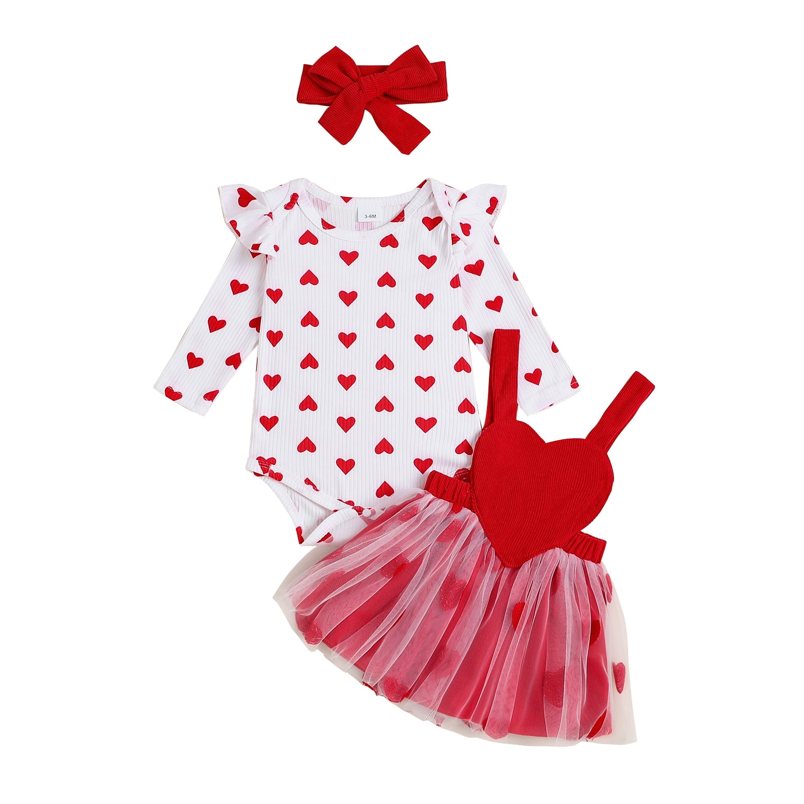 Elippeo Baby Girl Valentine's Day Outfits Heart Print Crew Neck Long Sleeve Romper Suspender ...