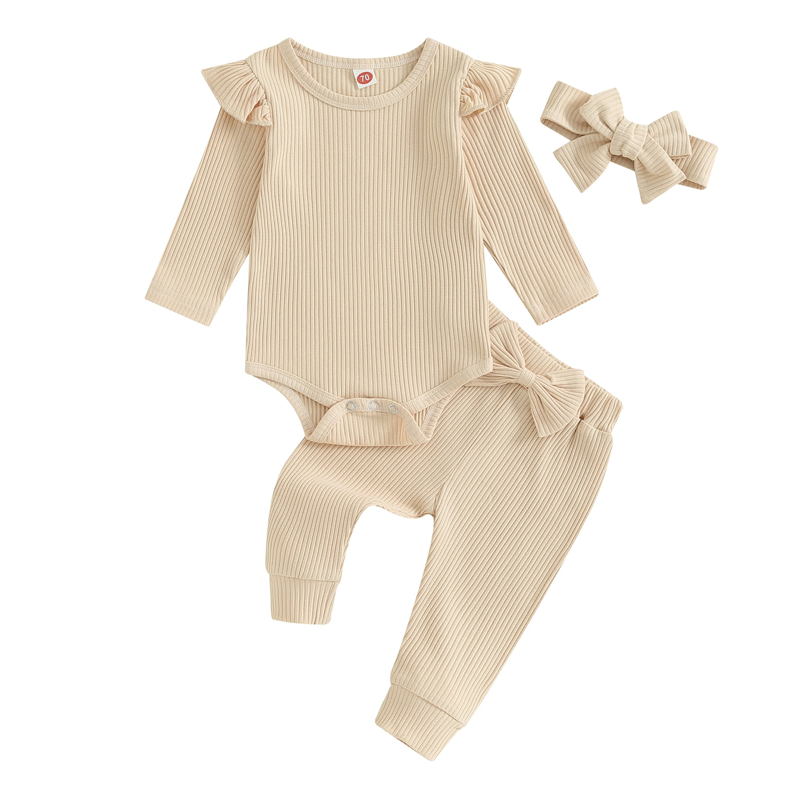 Elippeo Baby Girls 3Pcs Fall Outfits 3M 6M 9M 12M 18M Long Sleeve Romper + Bow Pants + Headband ...