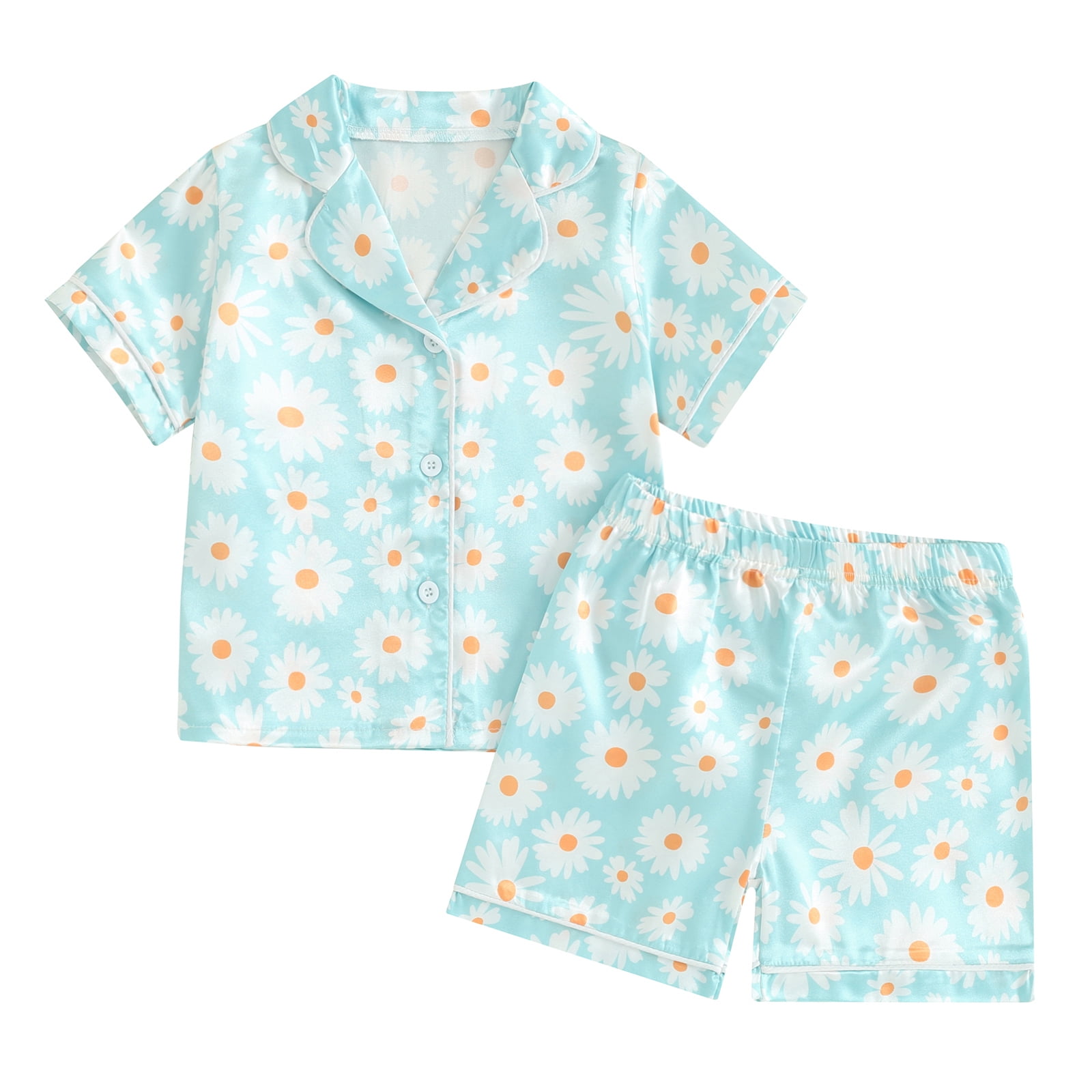 Elippeo Boys and Girls Satin Pajama Set 1 2 3 4 5 6 7 Years Short Sleeve Button Down Daisy Print ...