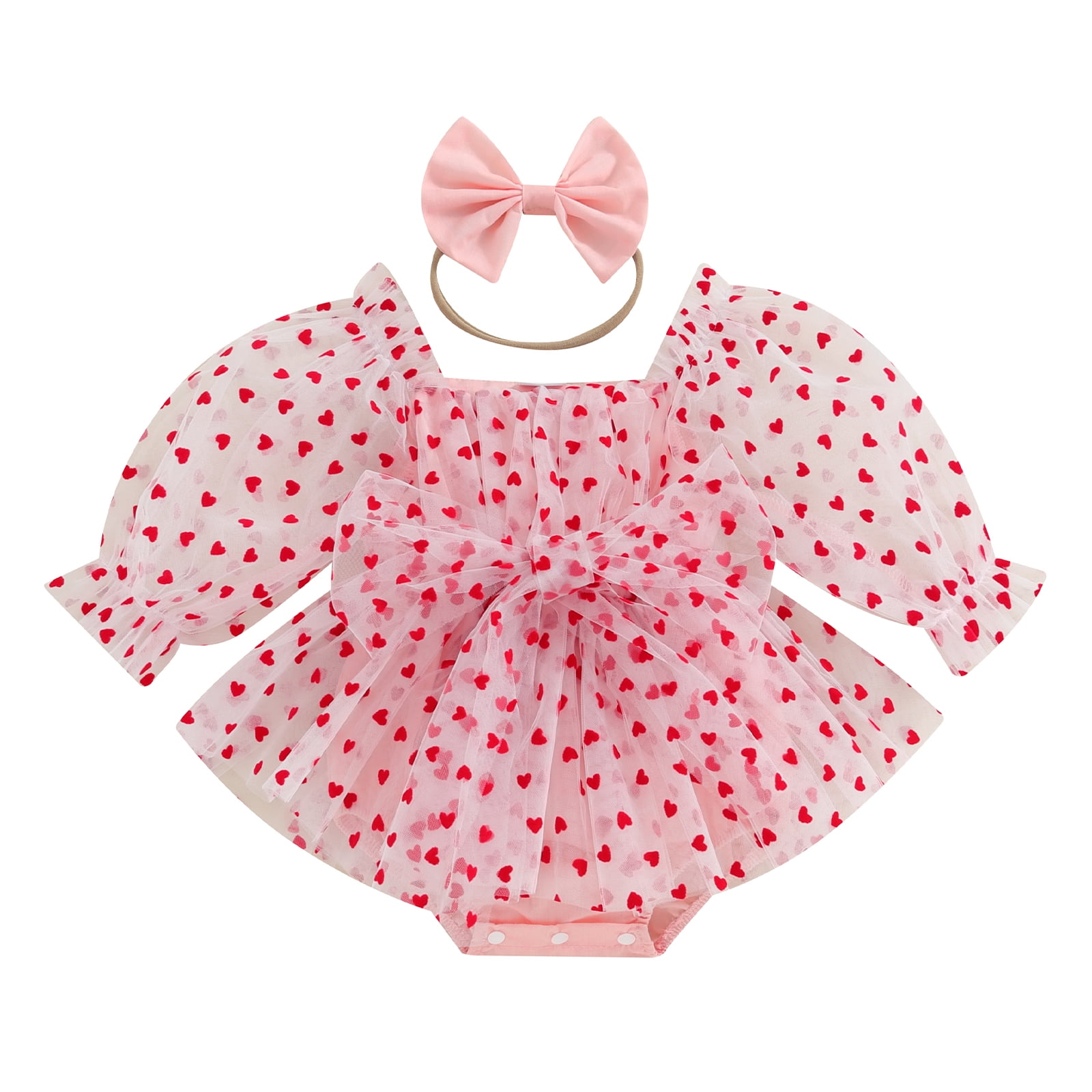Elippeo Infant Girls Valentine's Day Romper Dress Heart Print Long Puff Sleeve Mesh Tulle ...