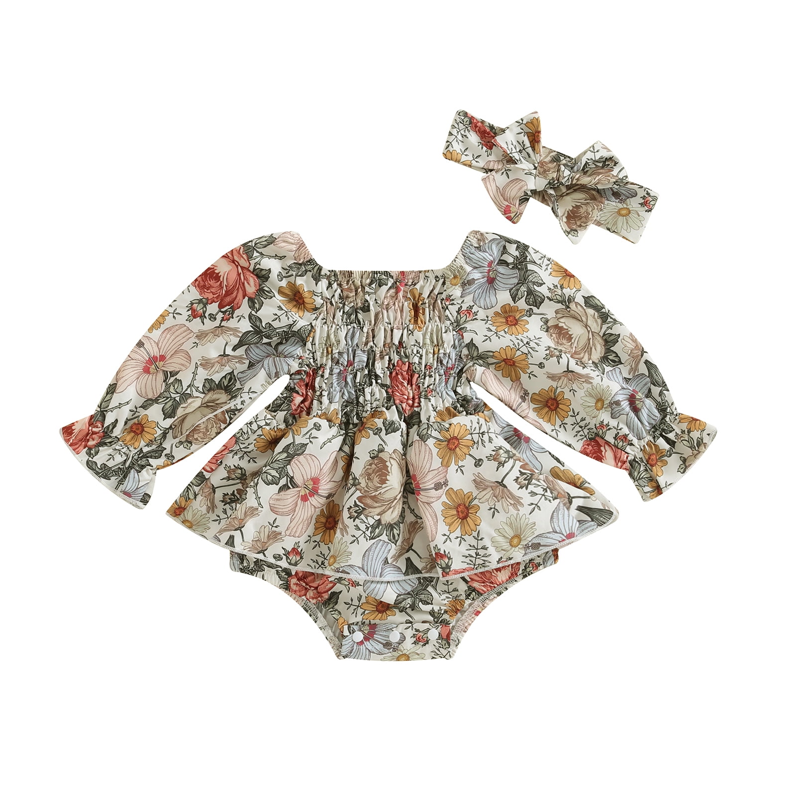 Elippeo Newborn Girl Outfit 6M 12M 18M 24M Long Sleeve Off-shoulder Flower Print A-line Romper ...
