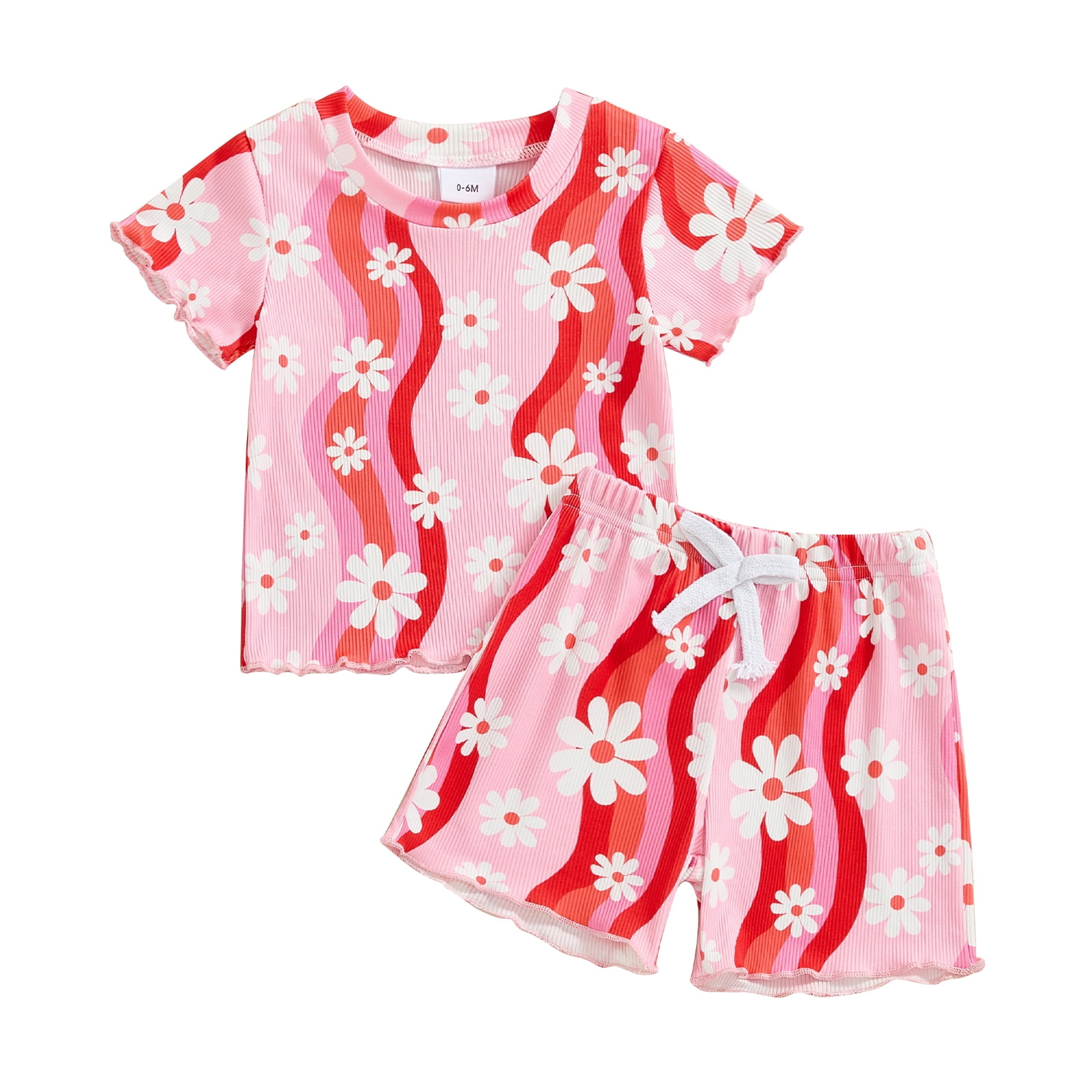 Elippeo Toddler Girl Rainbow Outfit, Daisy Print Short Sleeve Lettuce Trim Tops Elastic Waist ...