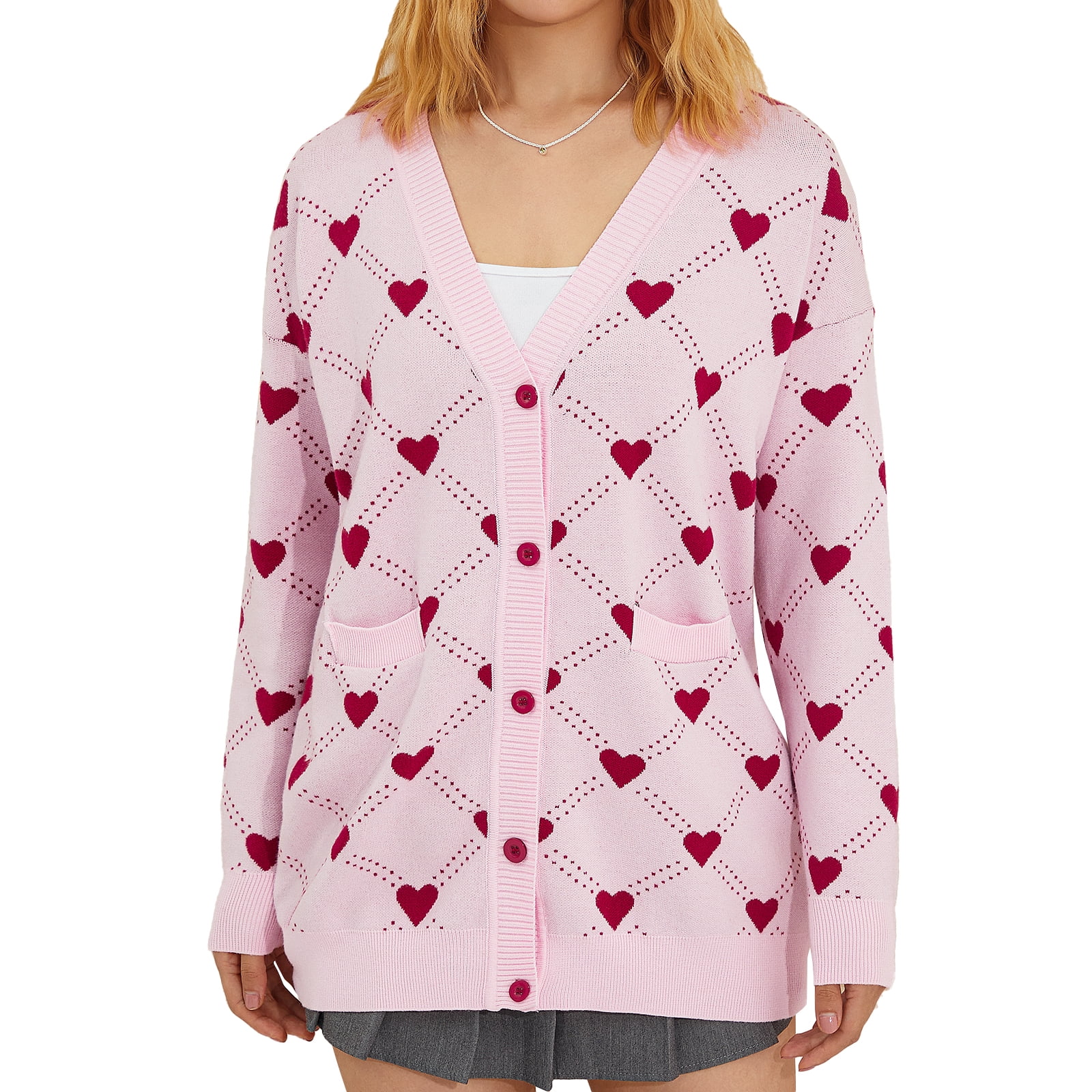 Elippeo Women Heart Print Knit Cardigan Oversized Long Sleeve V Neck Button Down Sweater ...