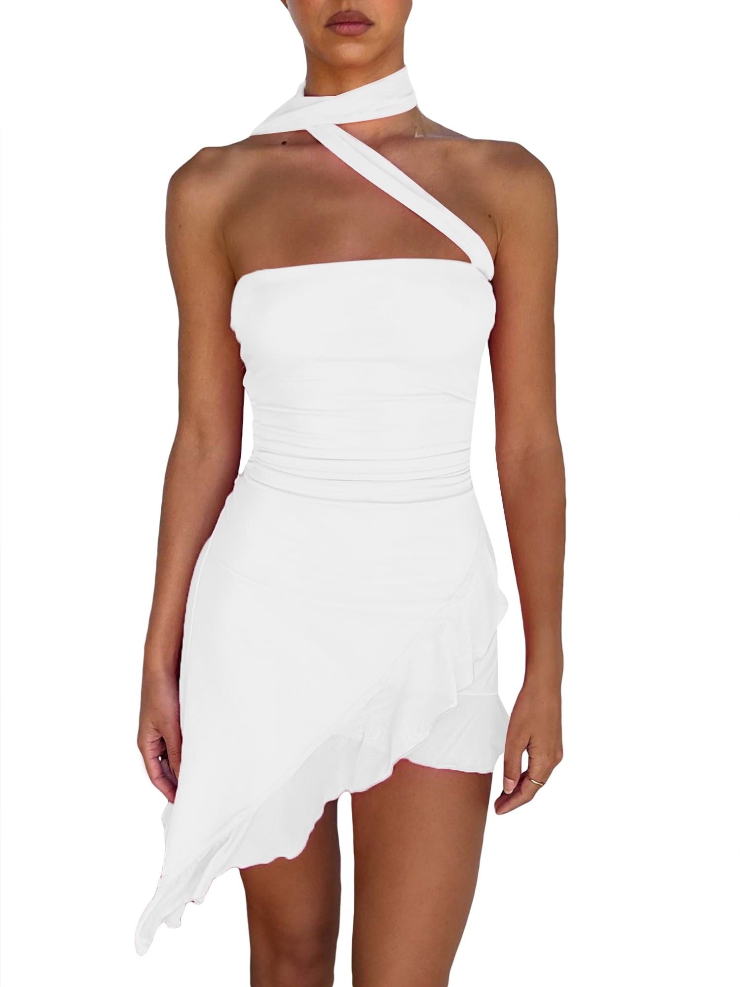 Elippeo Women Ruffles Halter Neck Strapless Mini Bodycon Dress ...