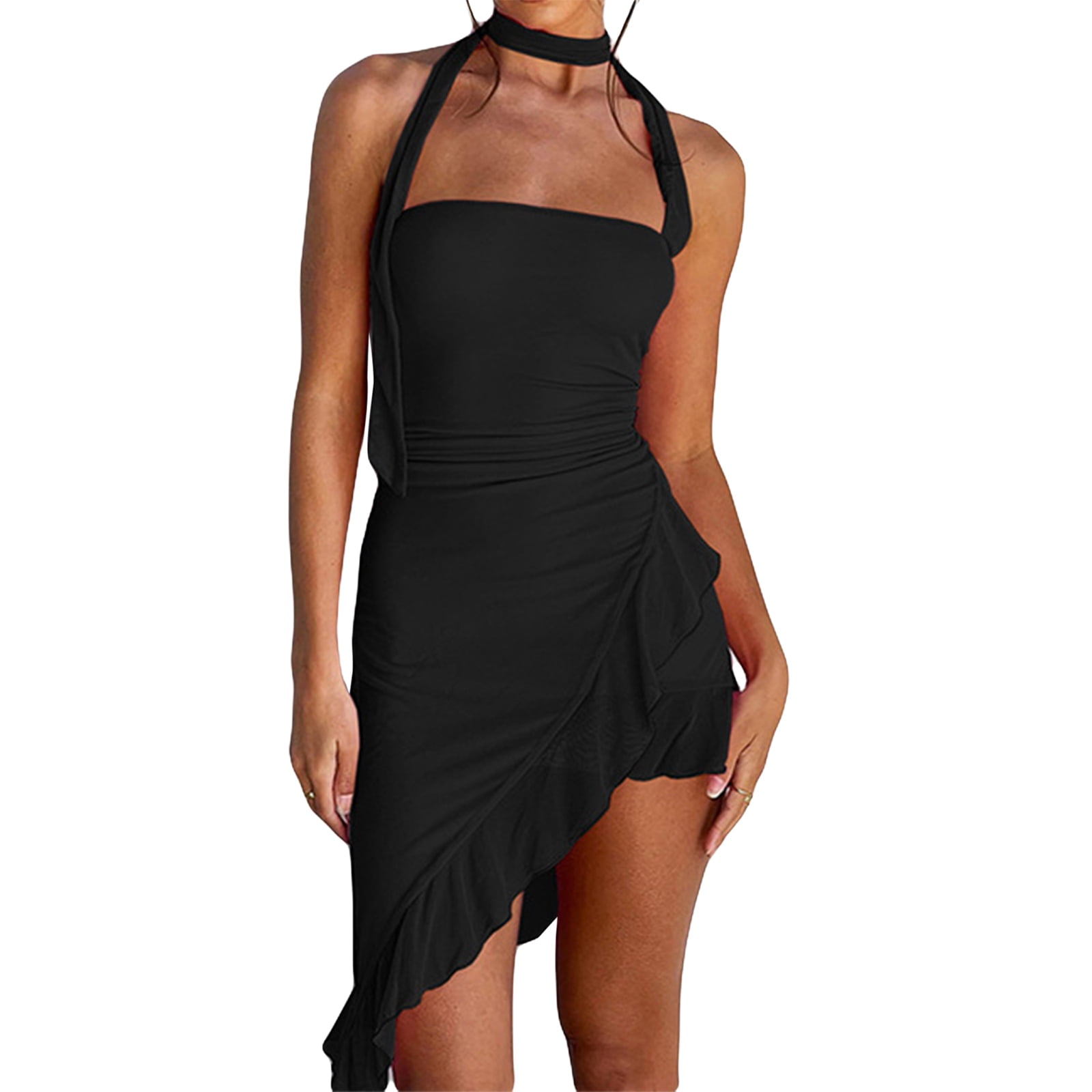 Elippeo Women Ruffles Halter Neck Strapless Mini Bodycon Dress ...