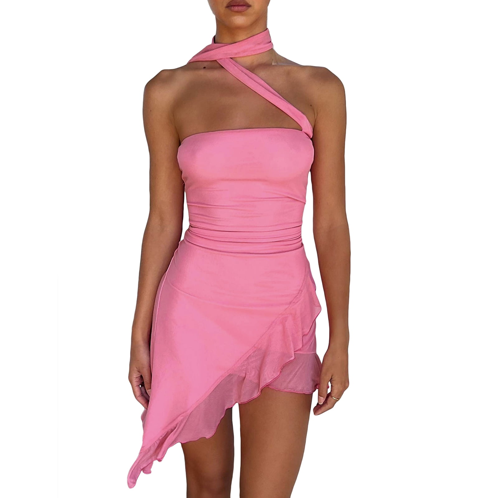 Elippeo Women Ruffles Halter Neck Strapless Mini Bodycon Dress ...