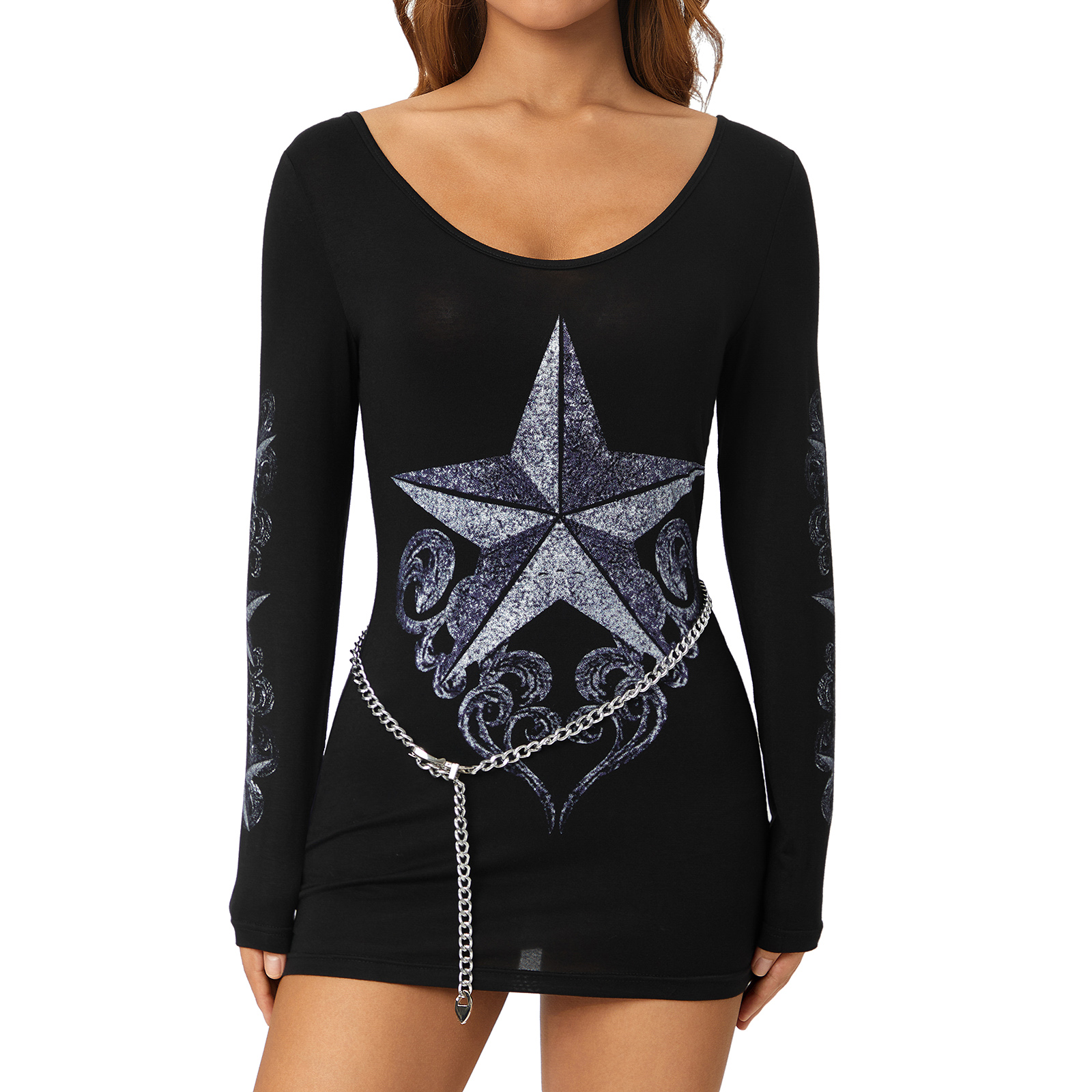 Elippeo Women Star Graphic Print Mini Dress Vintage E-girl Gothic Dark ...