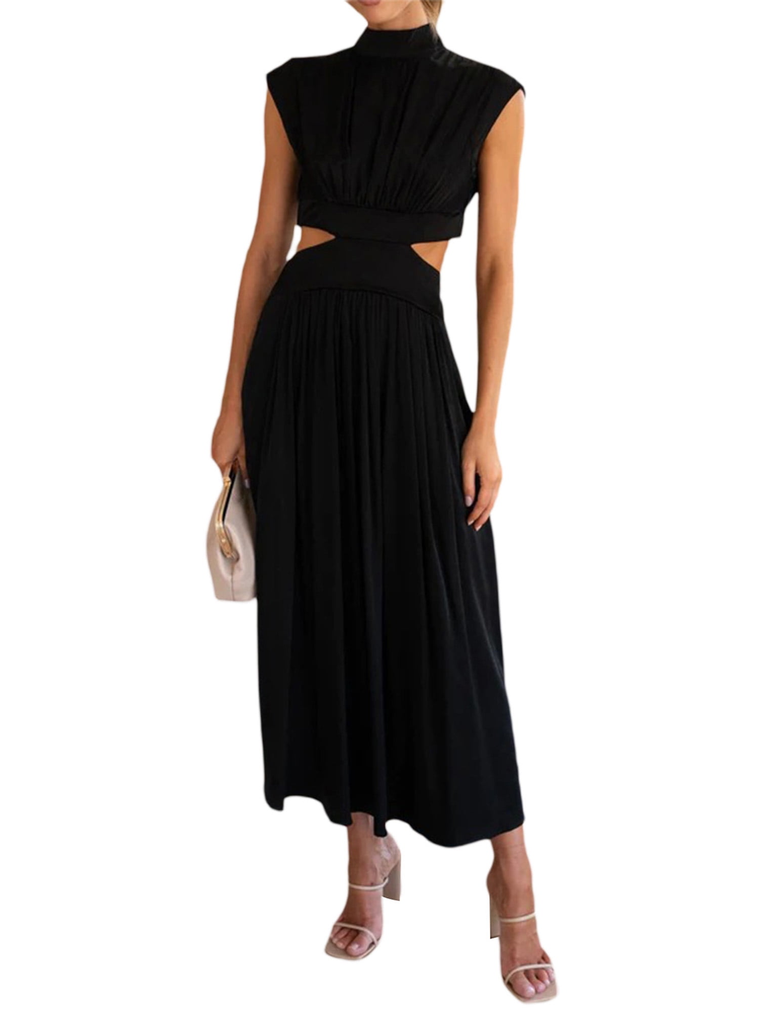 Elippeo Women Summer Casual Long Dress Solid Color Stand Collar Waist ...