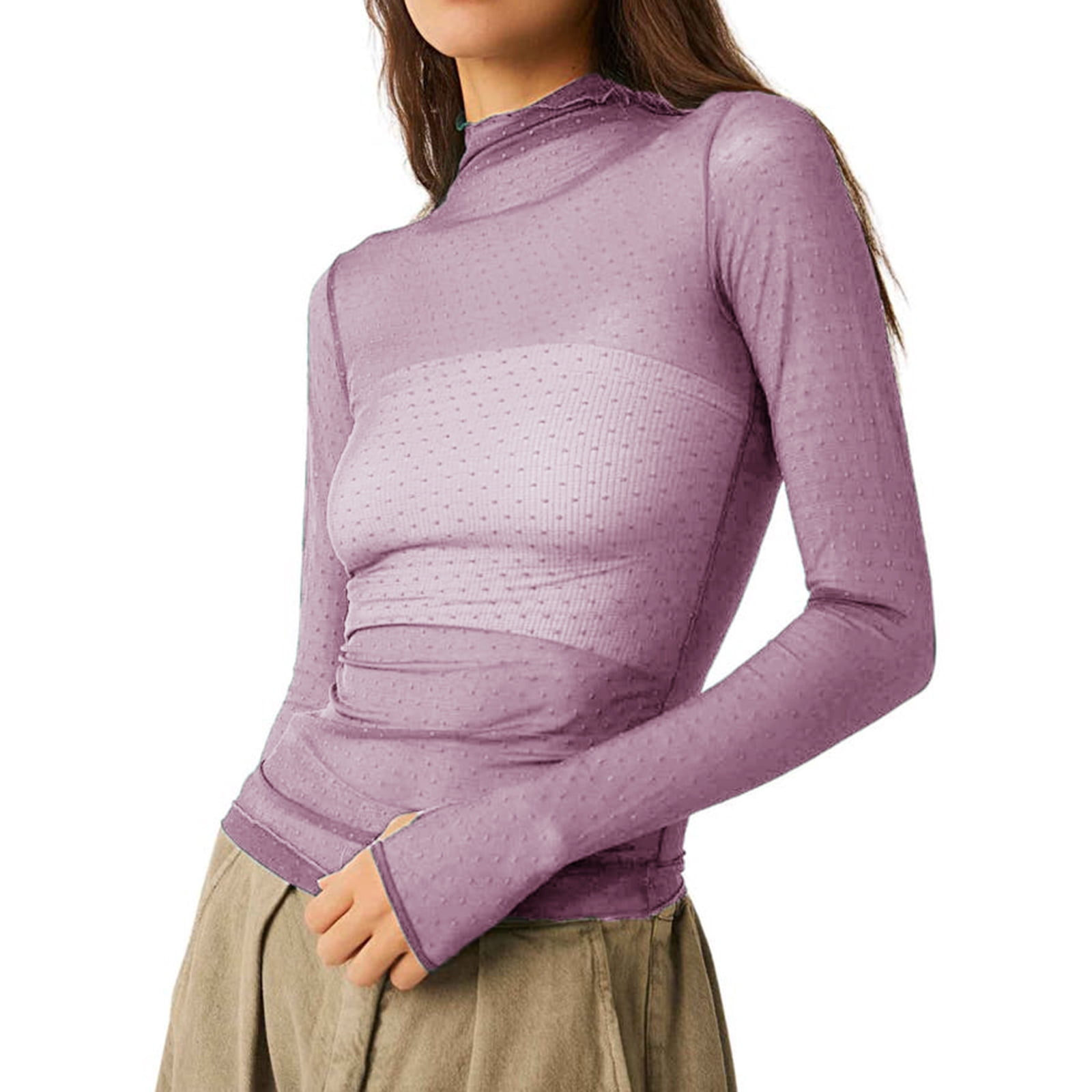 Elippeo Women T-shirt, Long Sleeve Turtleneck Swiss Dots See-through ...