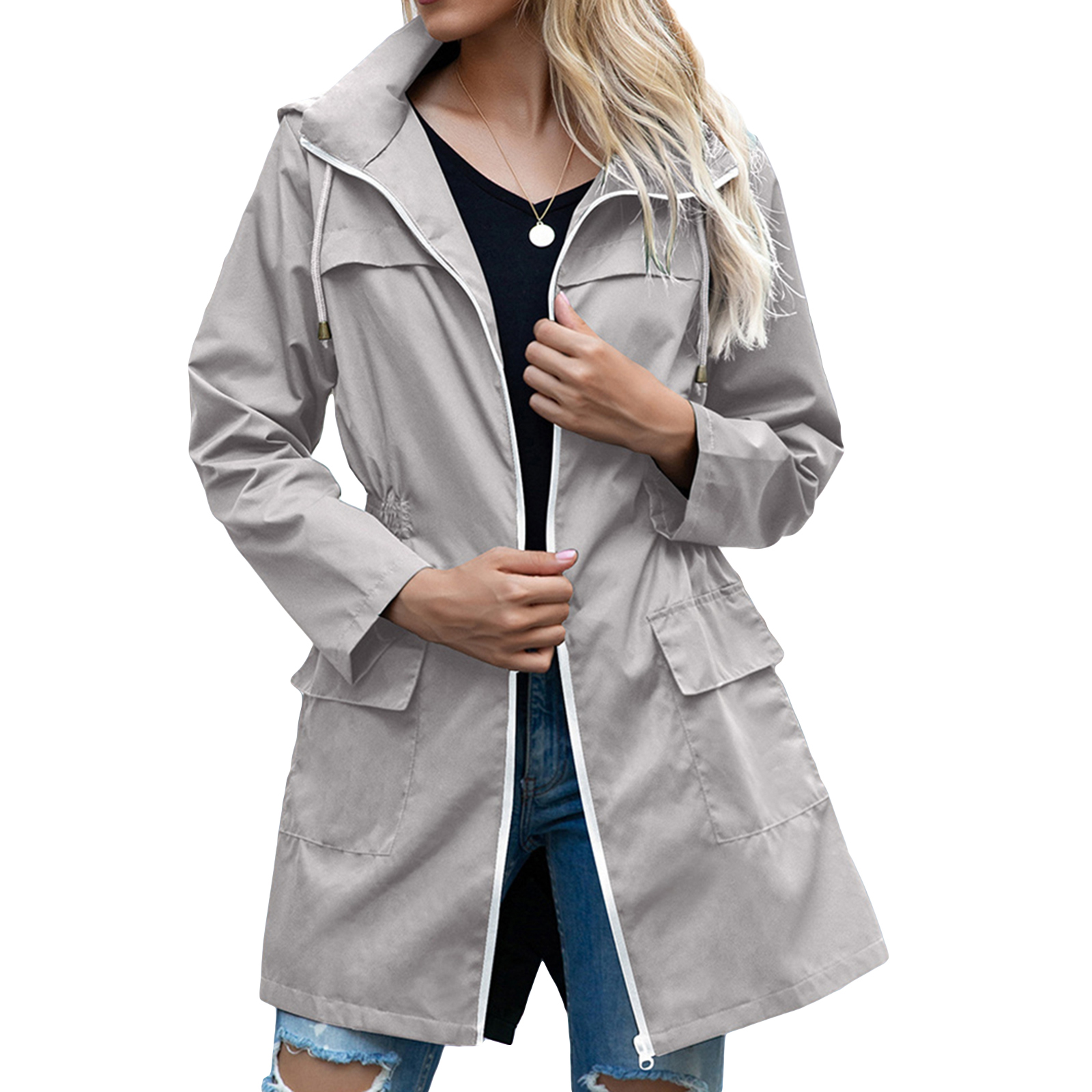 Elippeo Women Waterproof Jacket Outdoor Trench Raincoat with Hood Long ...