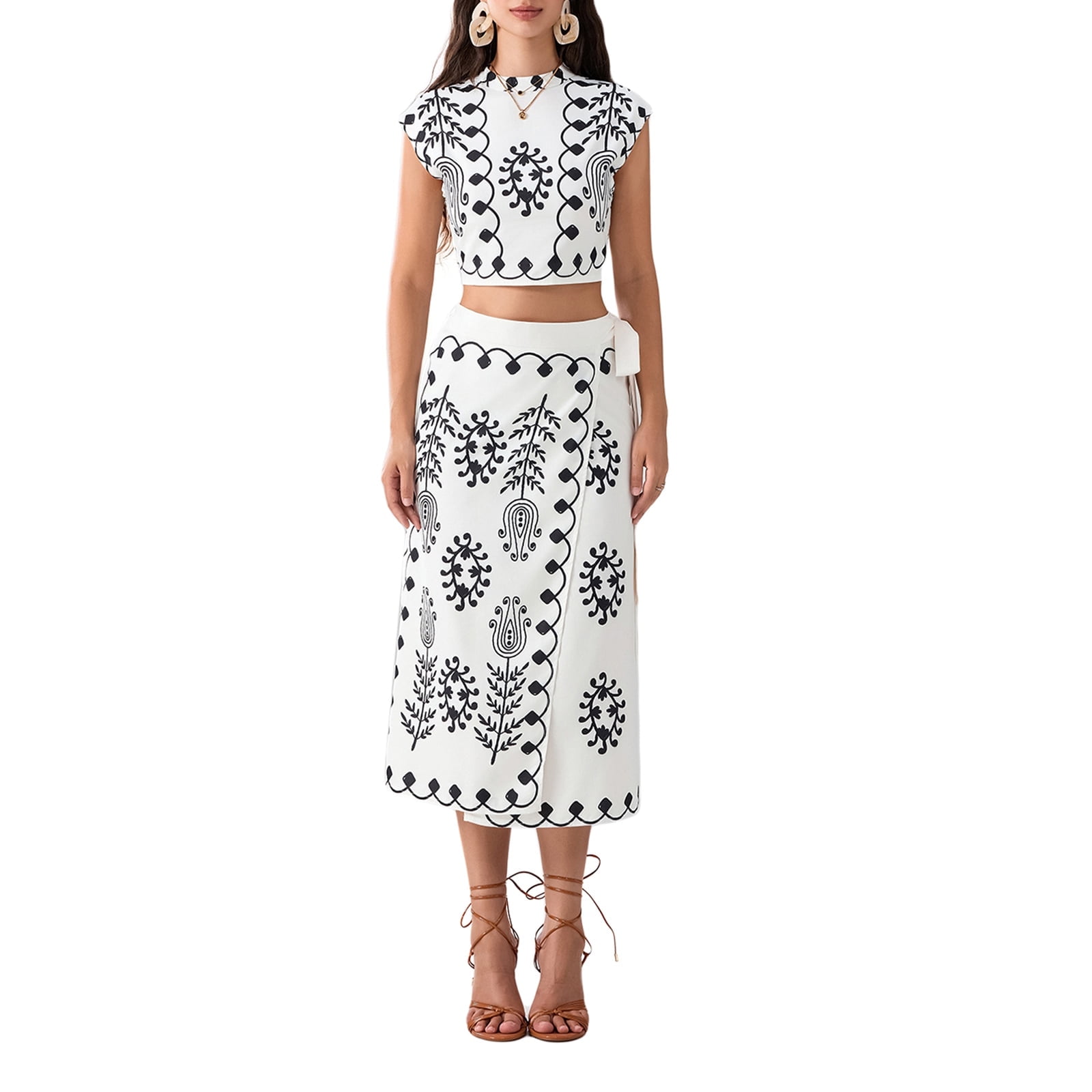 Elippeo Women's 2 Piece Skirt Outfits Short Sleeve Boho Pattern Print ...