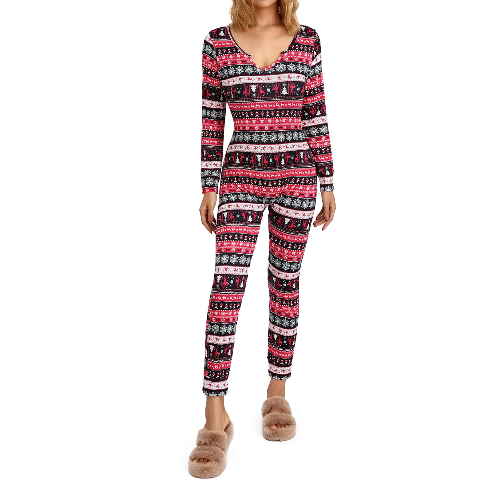 Elippeo Women's Christmas Jumpsuit Pajama Long Sleeve V Neck Snowflake ...