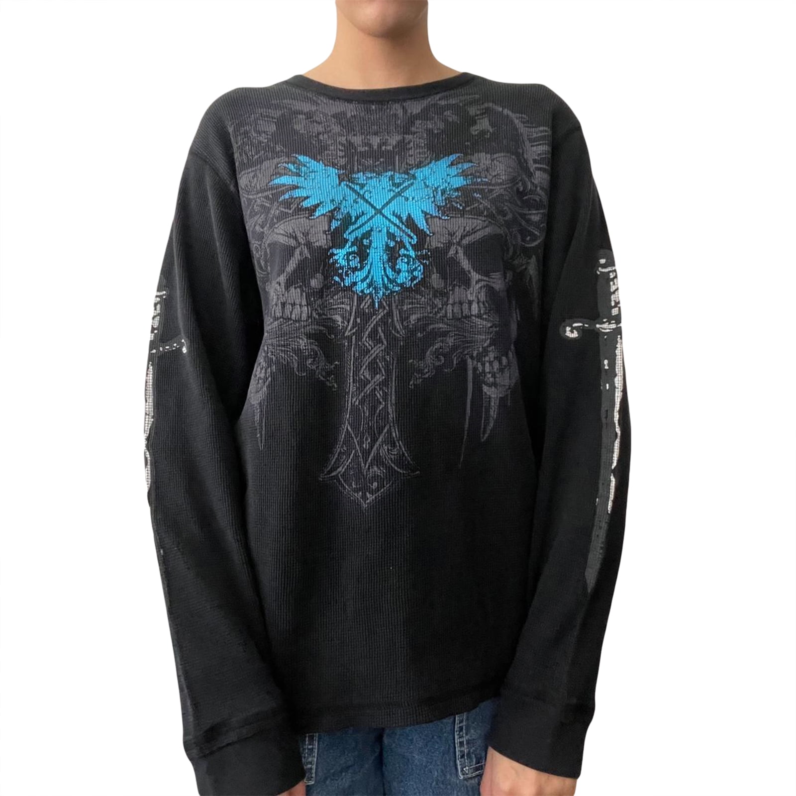 Elippeo Women y2k T Shirts Cybercore Aesthetic Graphic Skull Print Long ...