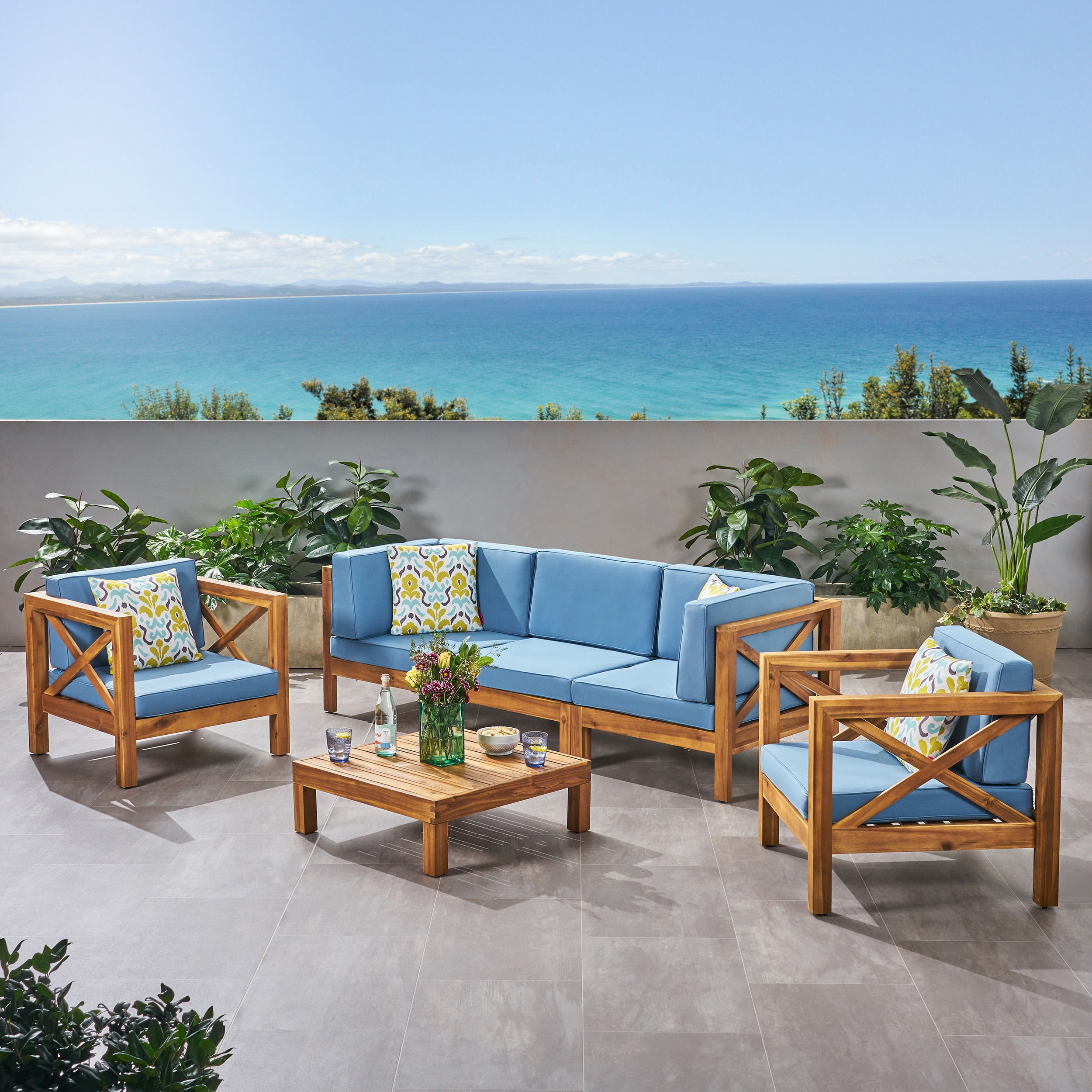 Elisha Outdoor 5 Seater Acacia Wood Sofa Chat Set, Teak and Blue ...