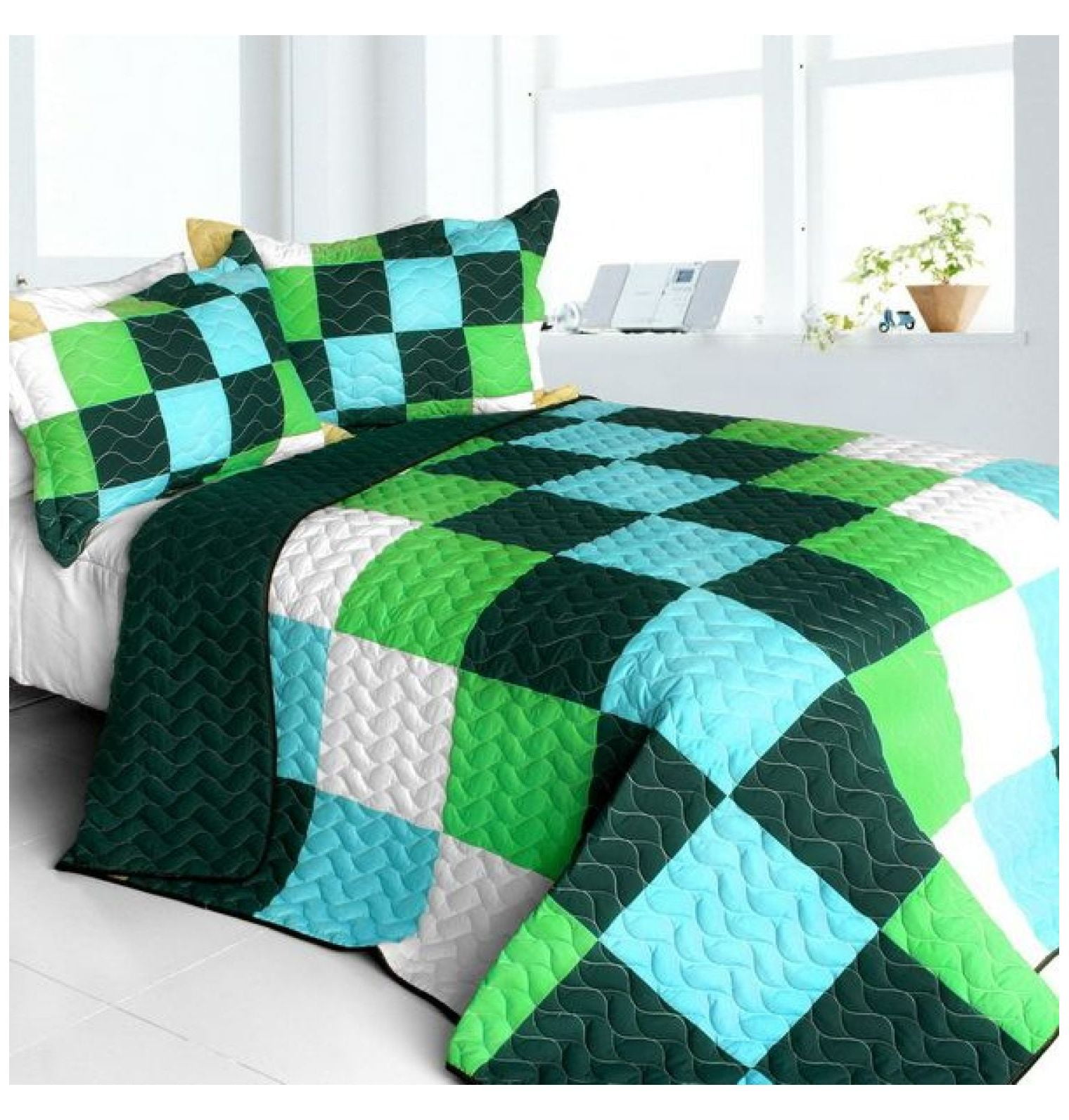 [Elissa Love] Vermicelli-Quilted Patchwork Geometric Quilt Set Full ...