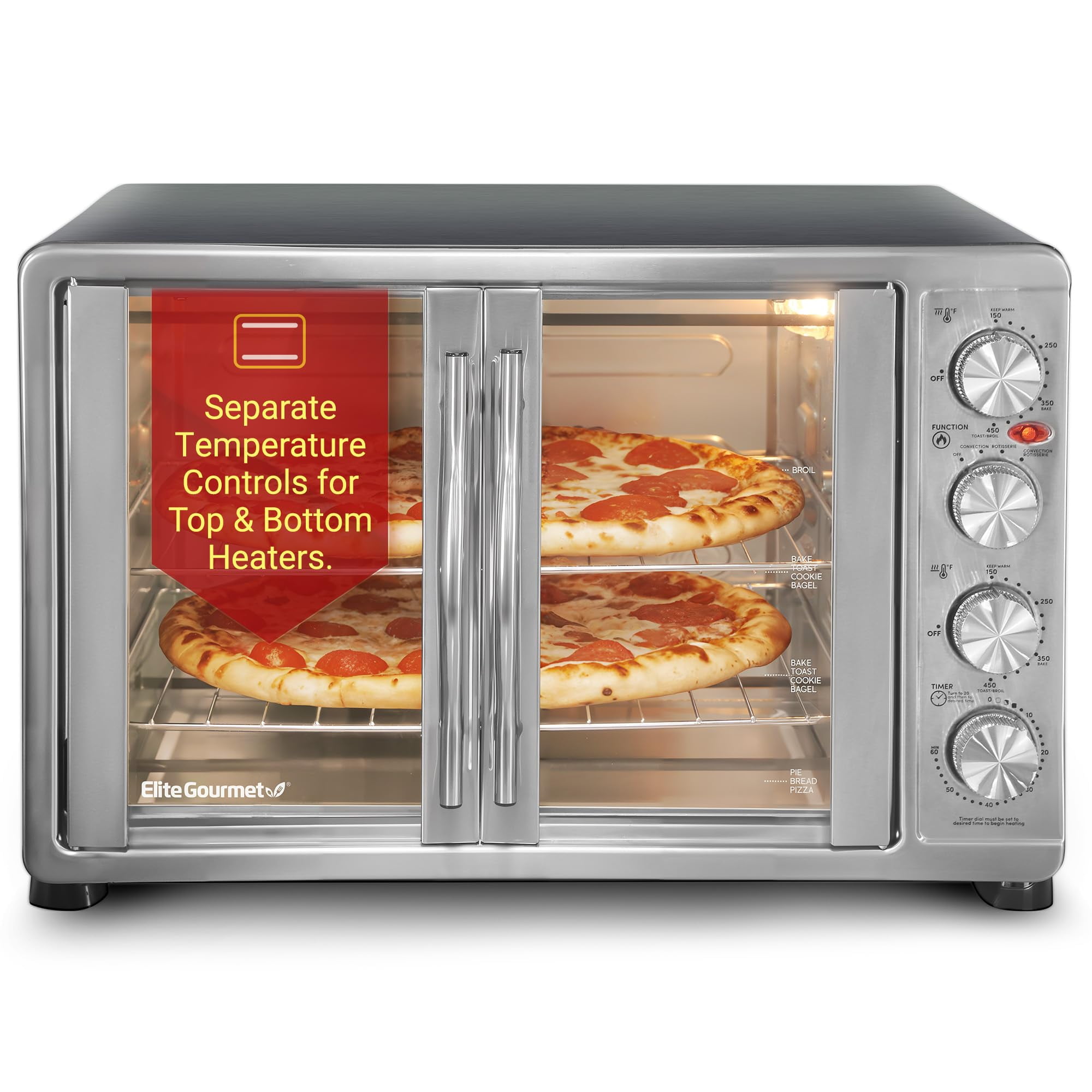 Elite Gourmet ETO-4510M French Door 47.5Qt, 18-Slice Convection Oven 4-Control Knobs, Bake Broil ...