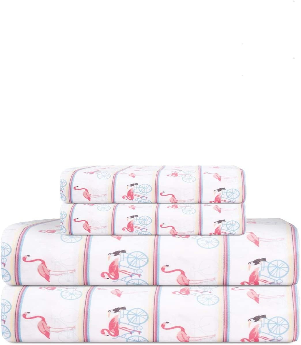 Elite Home Products Microfiber 90 GSM Whimsical Printed Deep-Pocketed Sheet Set, Flamingo Bike ...