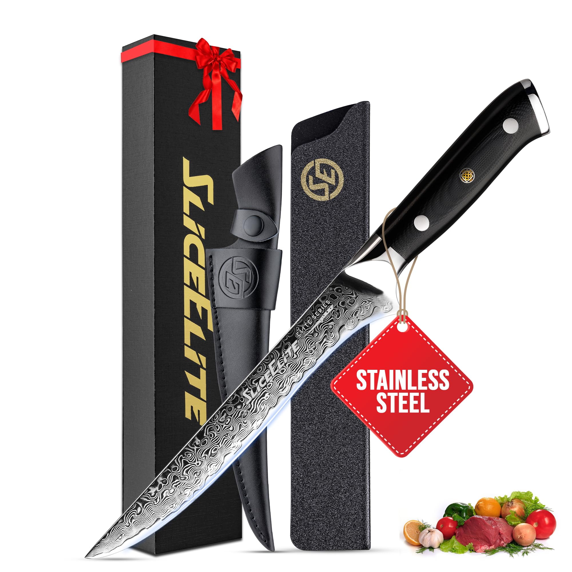 Elite Series 5.5 Inch Damascus Fillet Knife VG10 Core Forged G10 Handle with Dual Protection ...