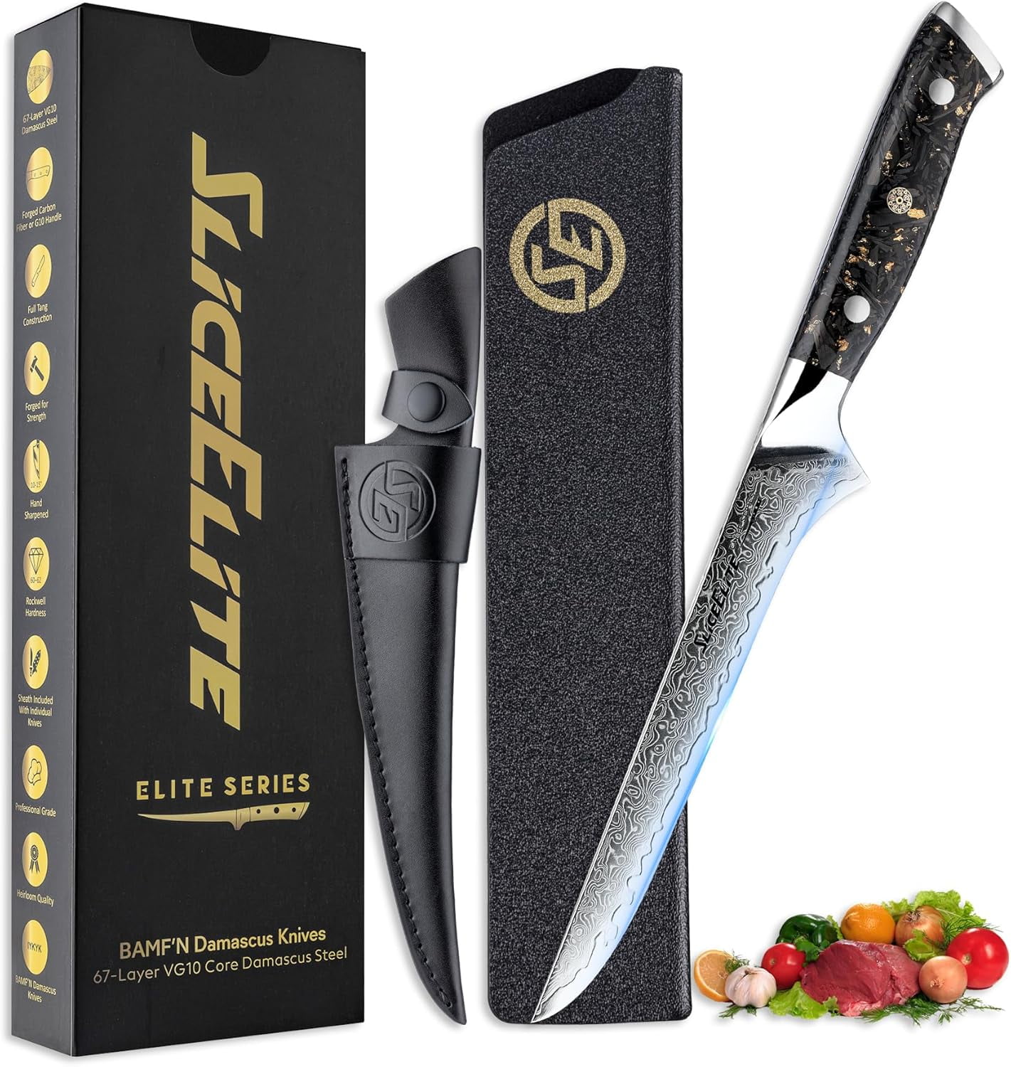 Elite Series 6.5-Inch Damascus Fillet Knife | VG10 Core, Gold-Infused ...