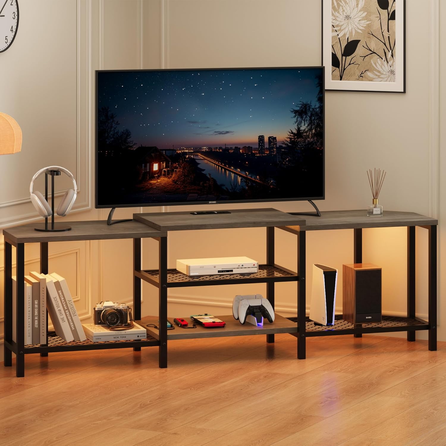 EliteEdge 67 Inch Corner TV Stand with LED Lights & Power Outlets ...