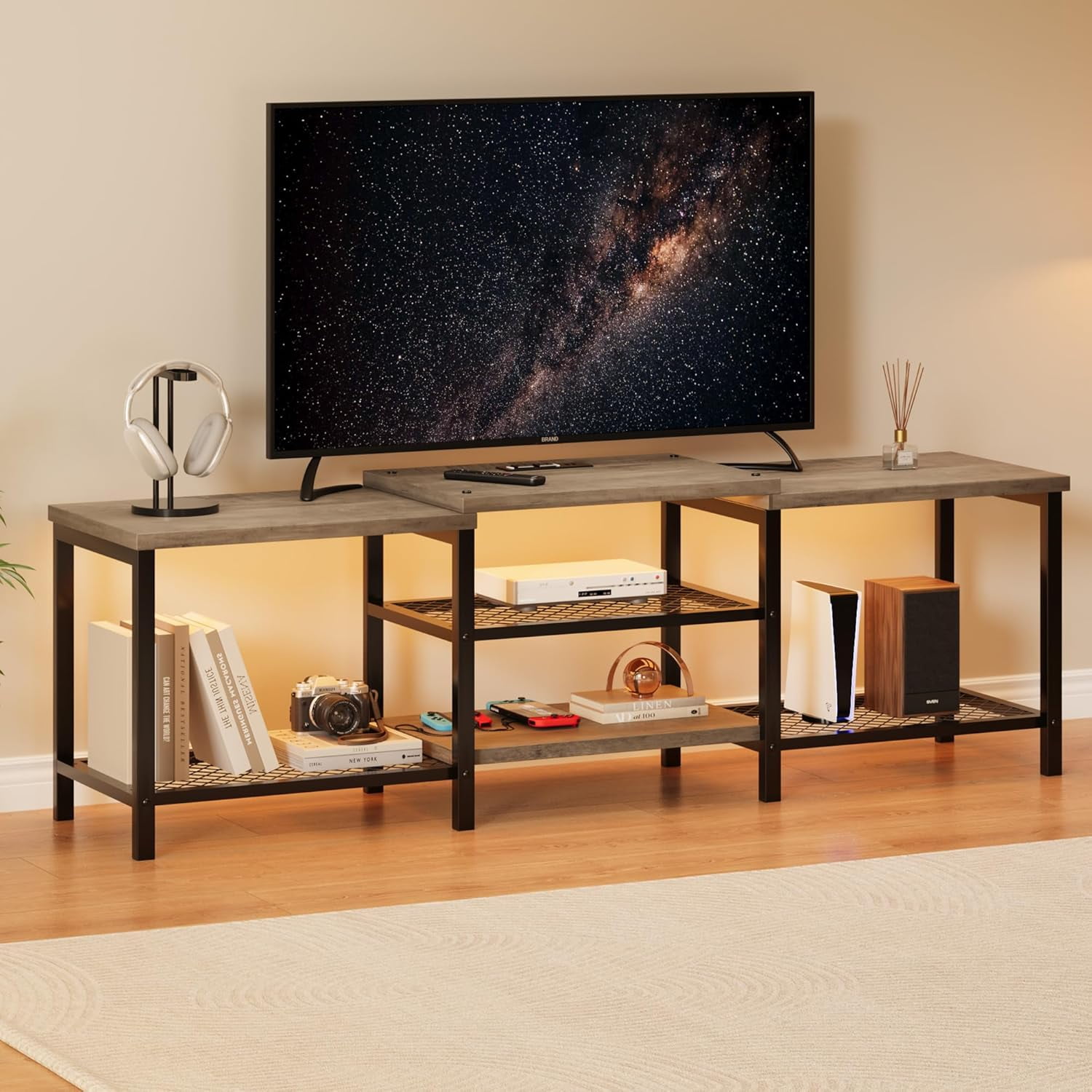 EliteEdge 67 Inch TV Stand with LED Lights & Power Outlets, Large ...