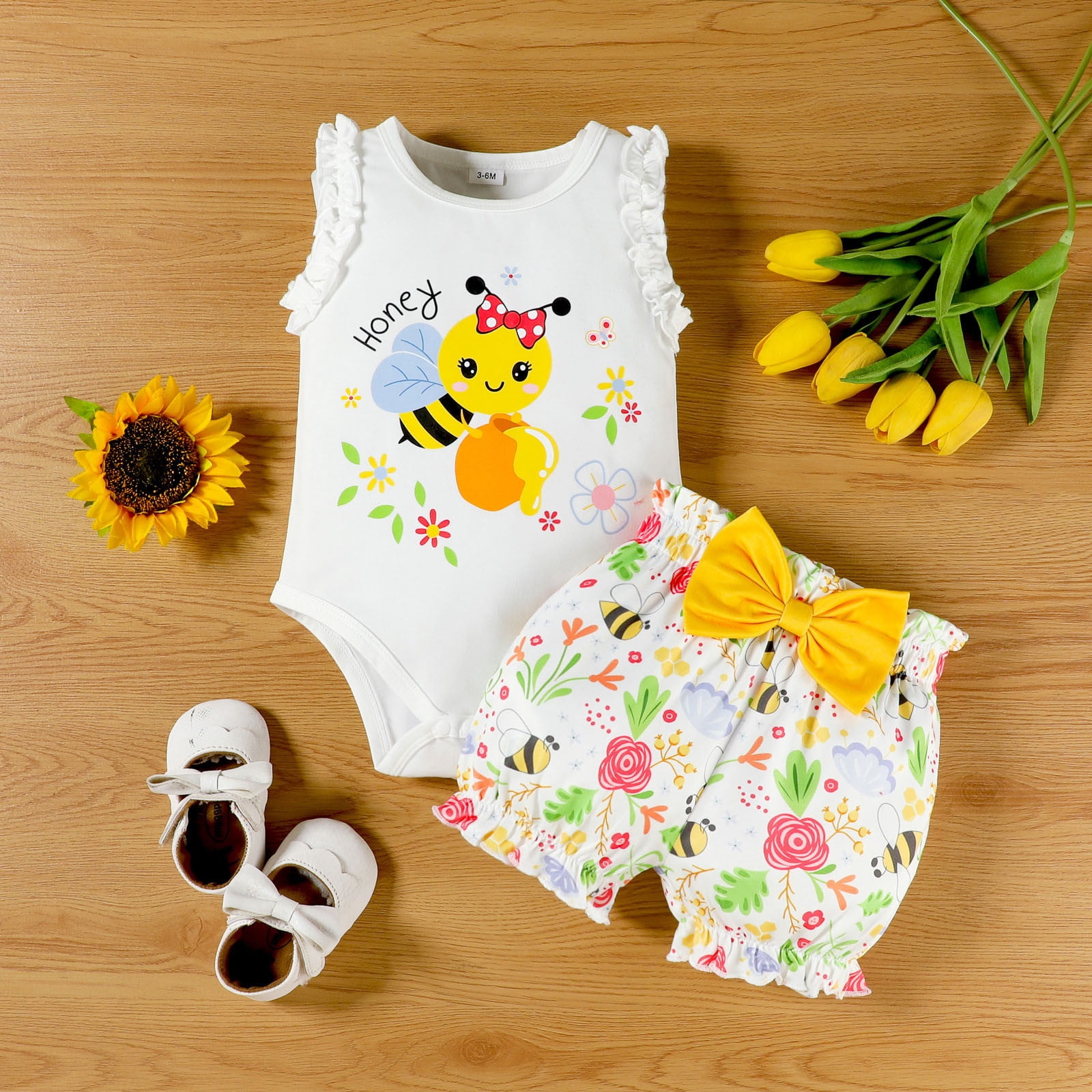 EliteGoogv Baby Girls Two Piece Outfit Sleeveless Ruffle Cartoon Bee ...