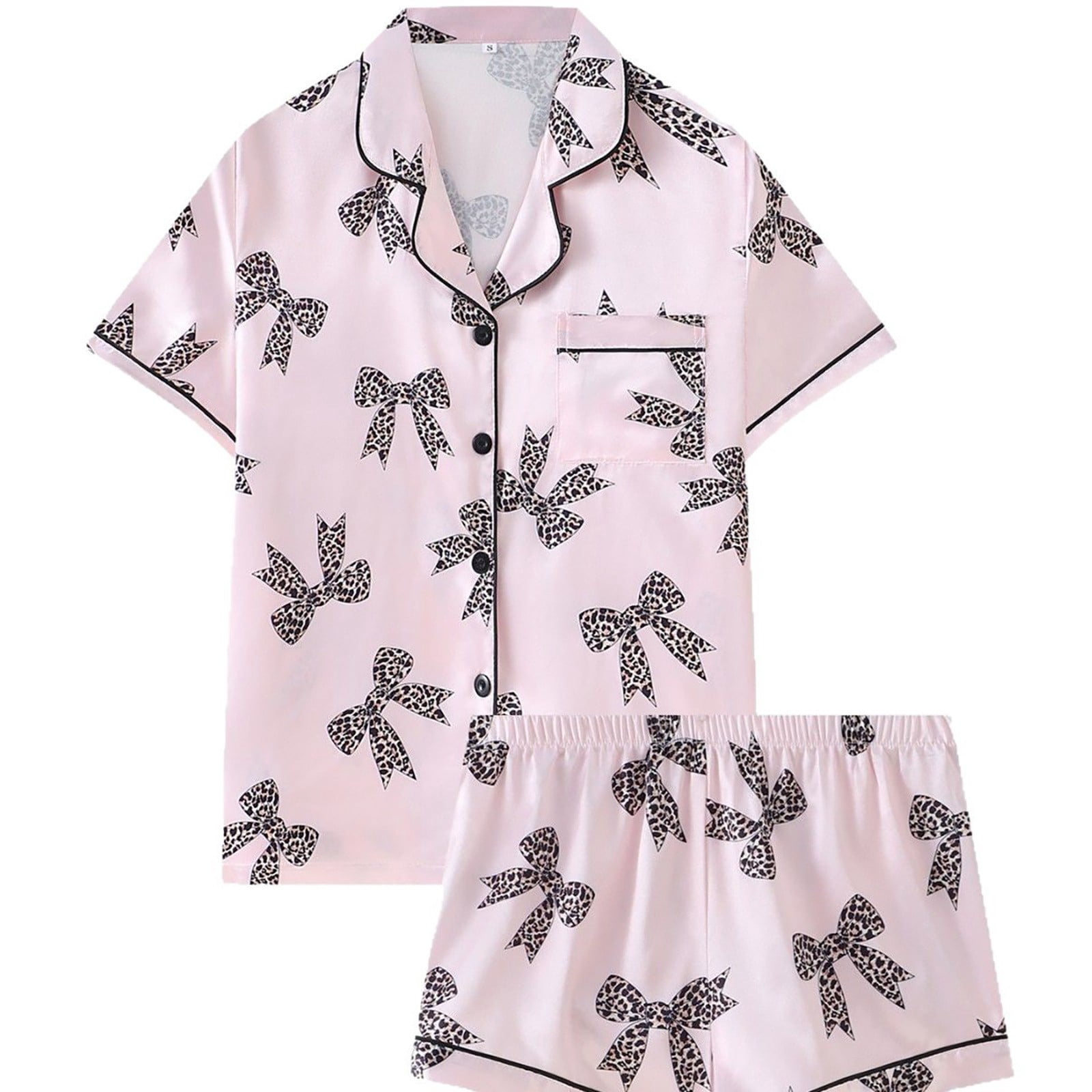 EliteGoogv Ribbon Bow Print Pajama Set For Women Short Sleeve Shirts ...