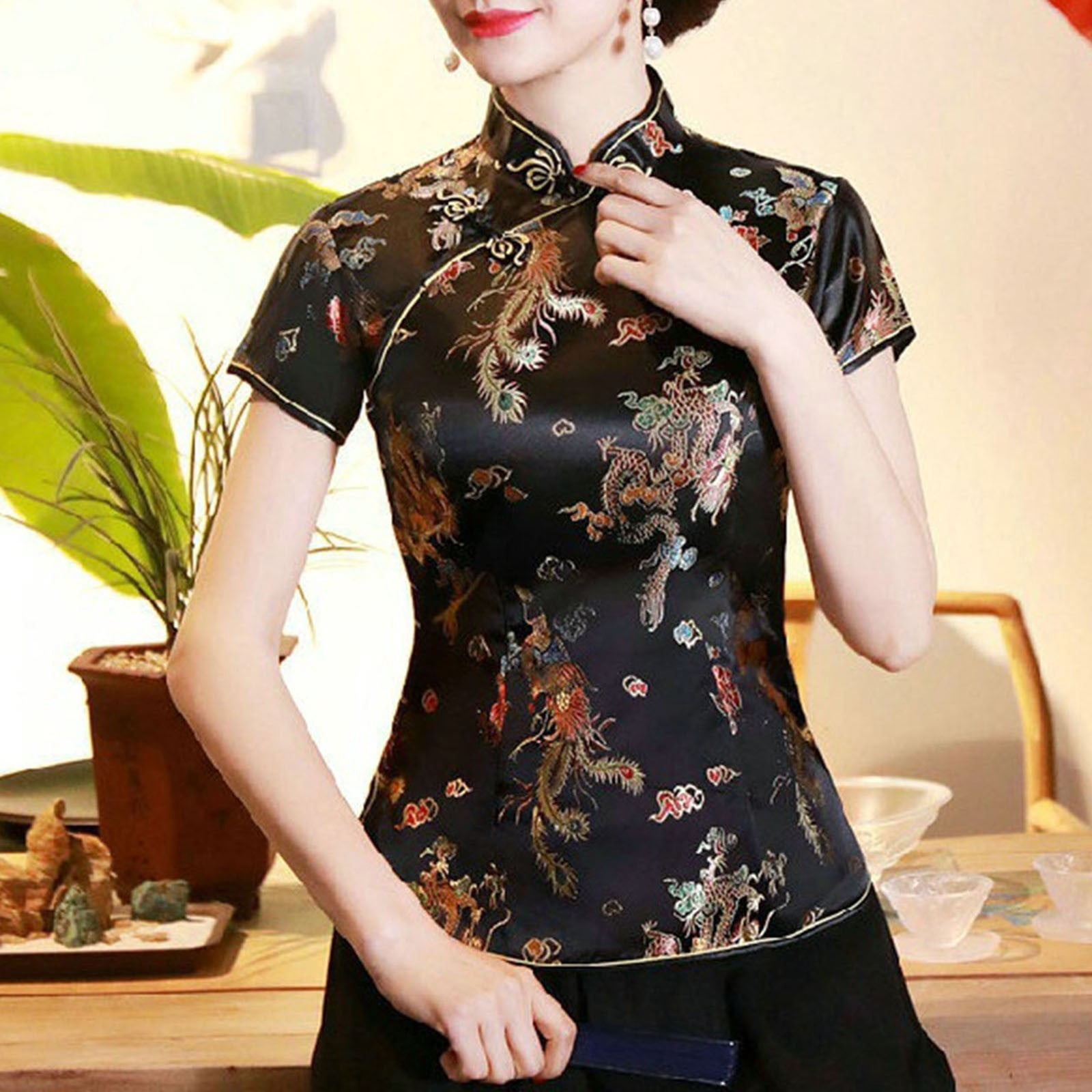 EliteGoogv Women Chinese Qipao Dragon Phoenix Print T-Shirt Short ...