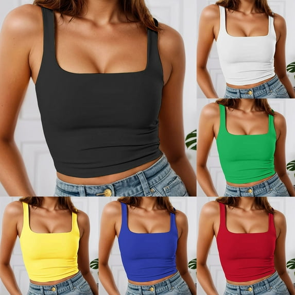 EliteGoogv Women Tank Top Slim Fit Square Neck Solid Color Crop Vest ...