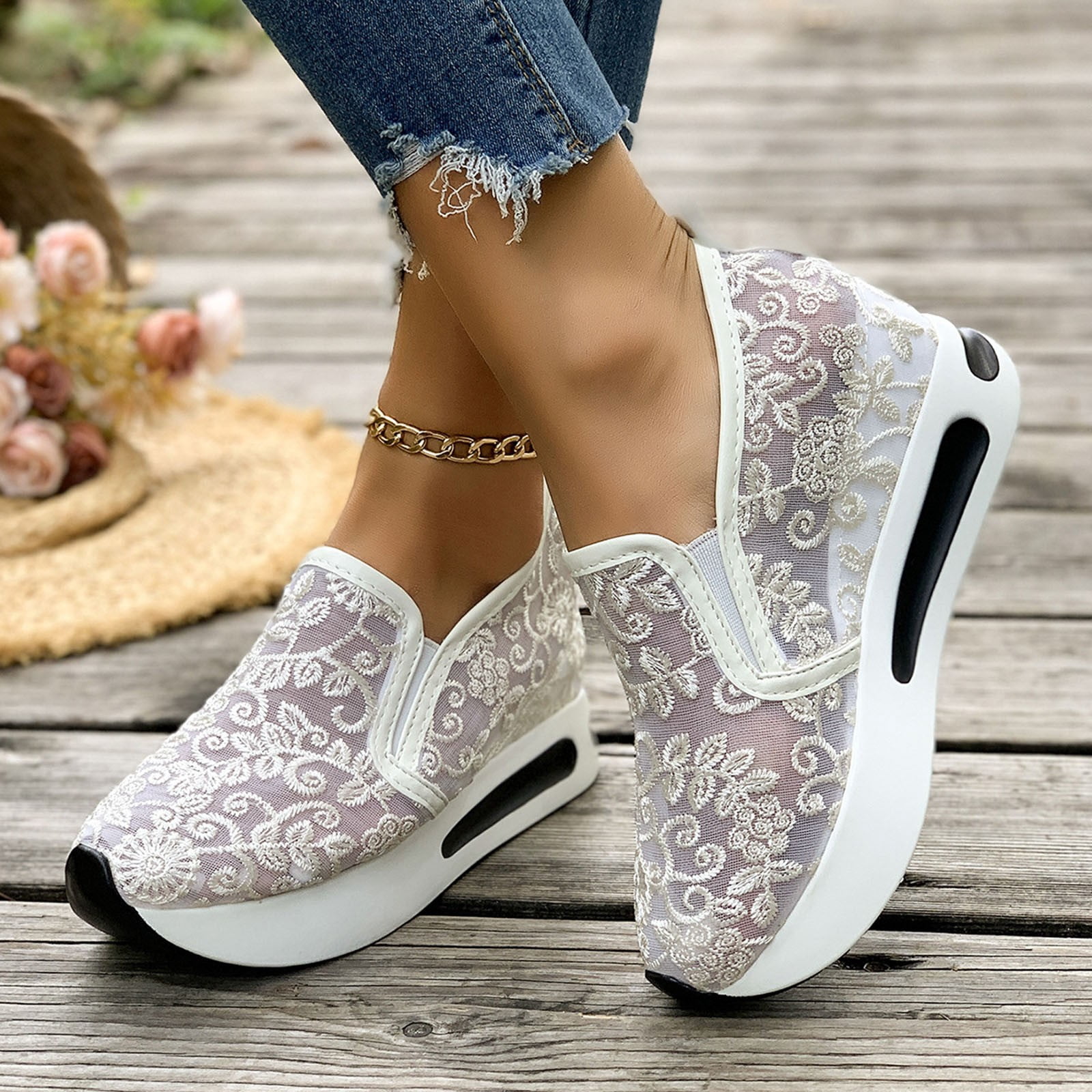 EliteGoogv Womens Sandals Lace Mesh Lift Assist Casual Sandals Comfort ...
