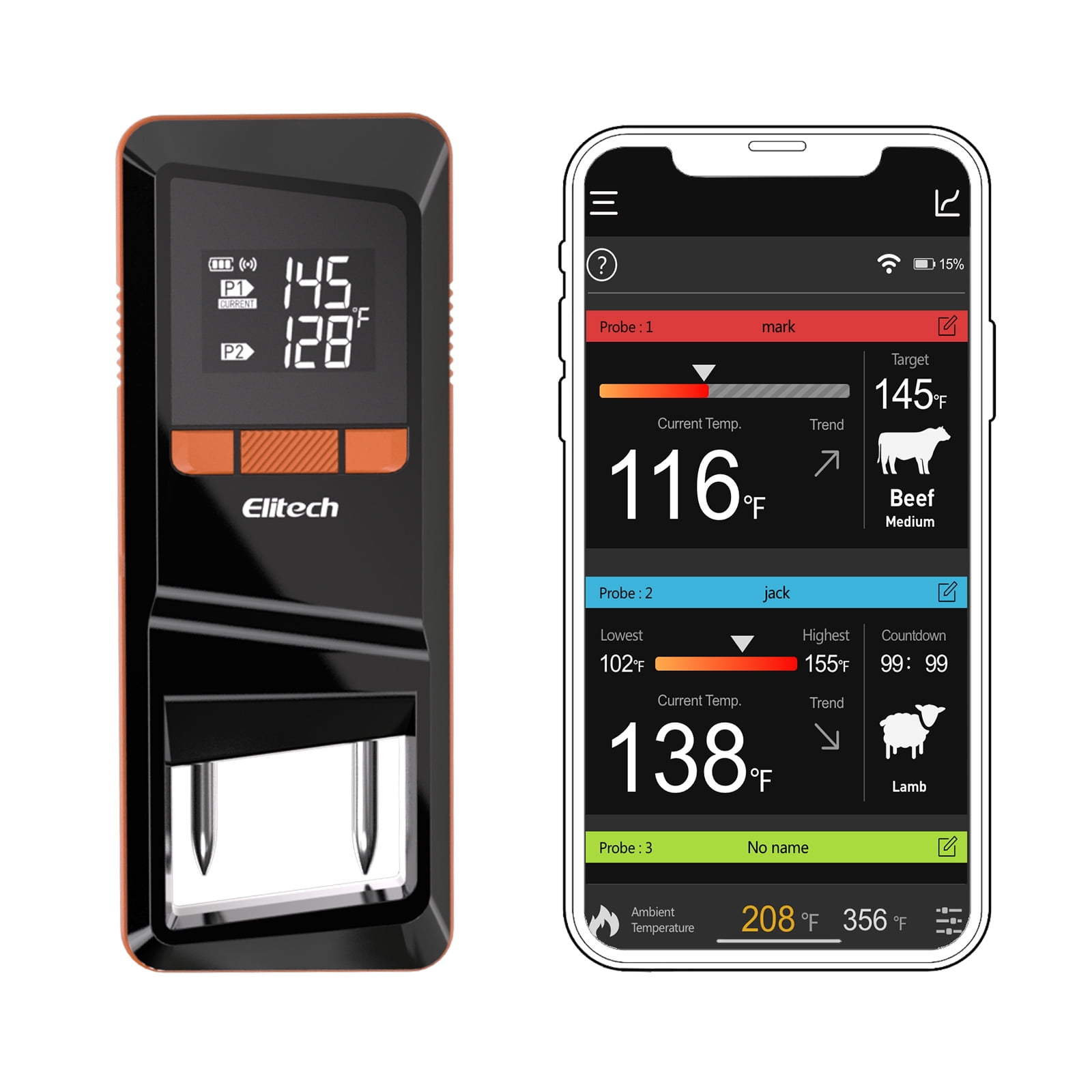 Elitech Digital BBQ Thermometer, Bluetooth Wireless Meat Thermometer ...