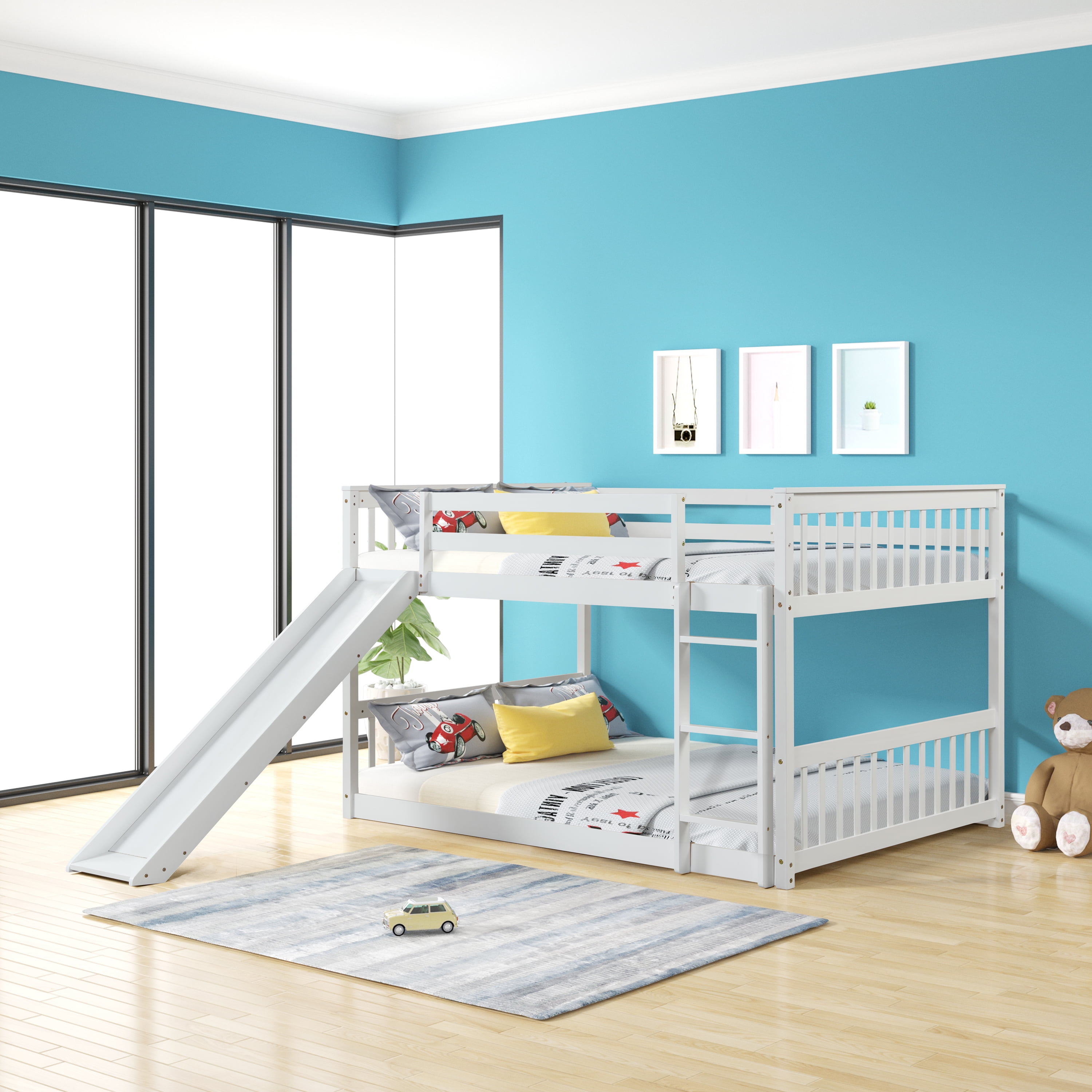 Elitezip Full over Full Bunk Bed with Slide, Wood Bunk Bed Frame with ...