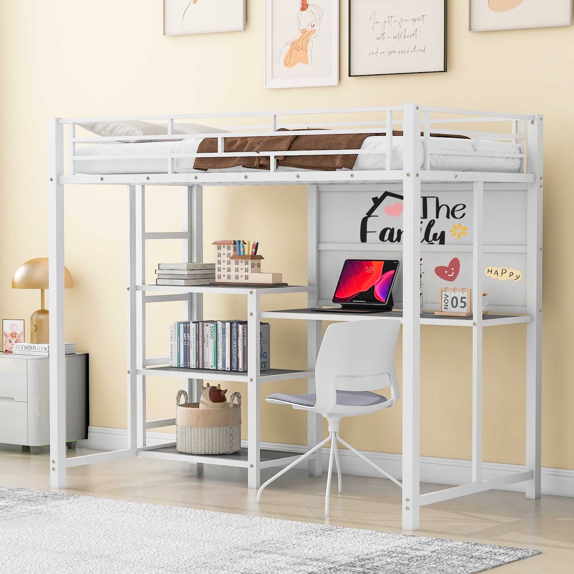 Elitezip Twin Loft Bed with Desk and Whiteboard, Metal Loft Bed with ...