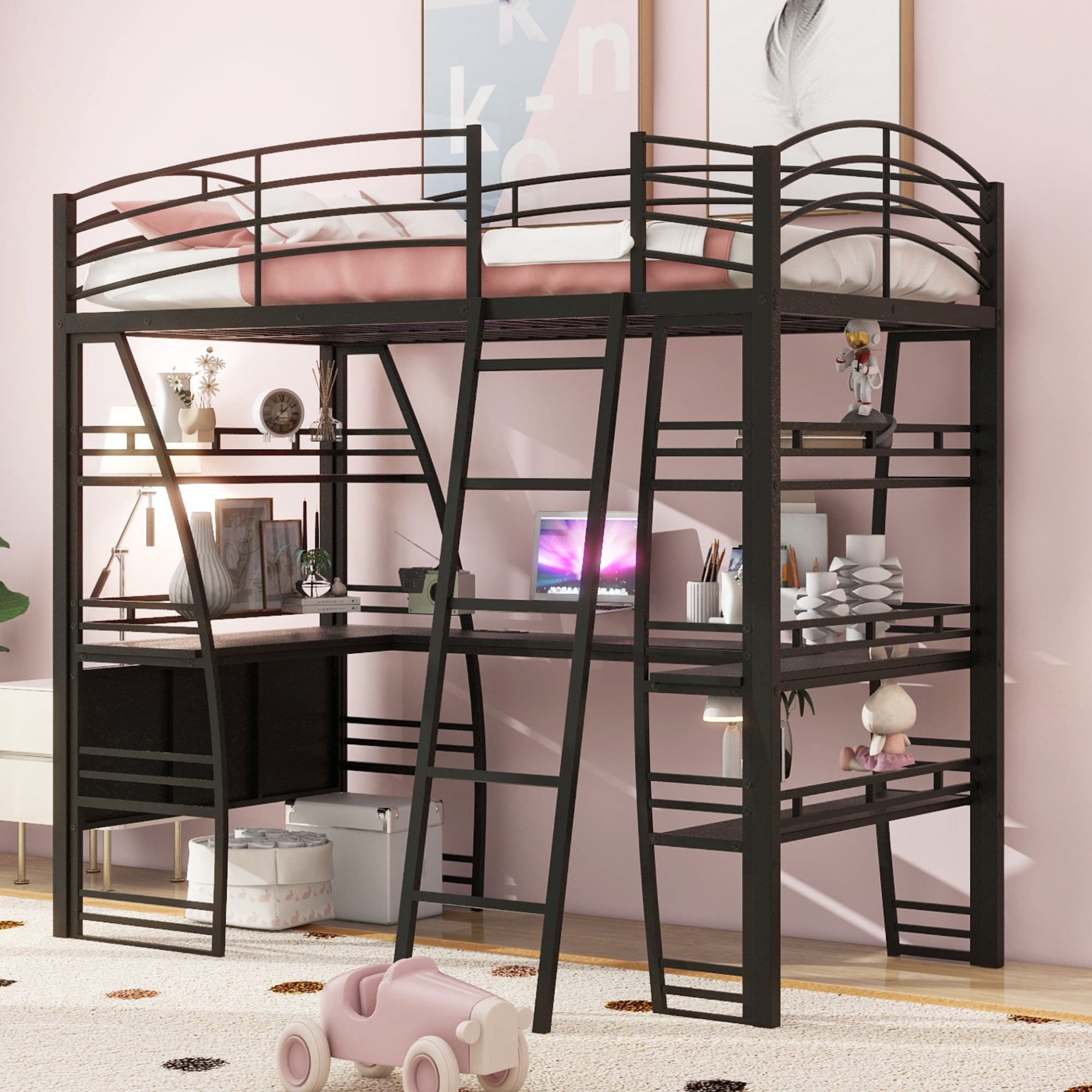 Elitezip Twin Loft Bed with L-shaped Desk and Shelves, Metal Bed Frame ...